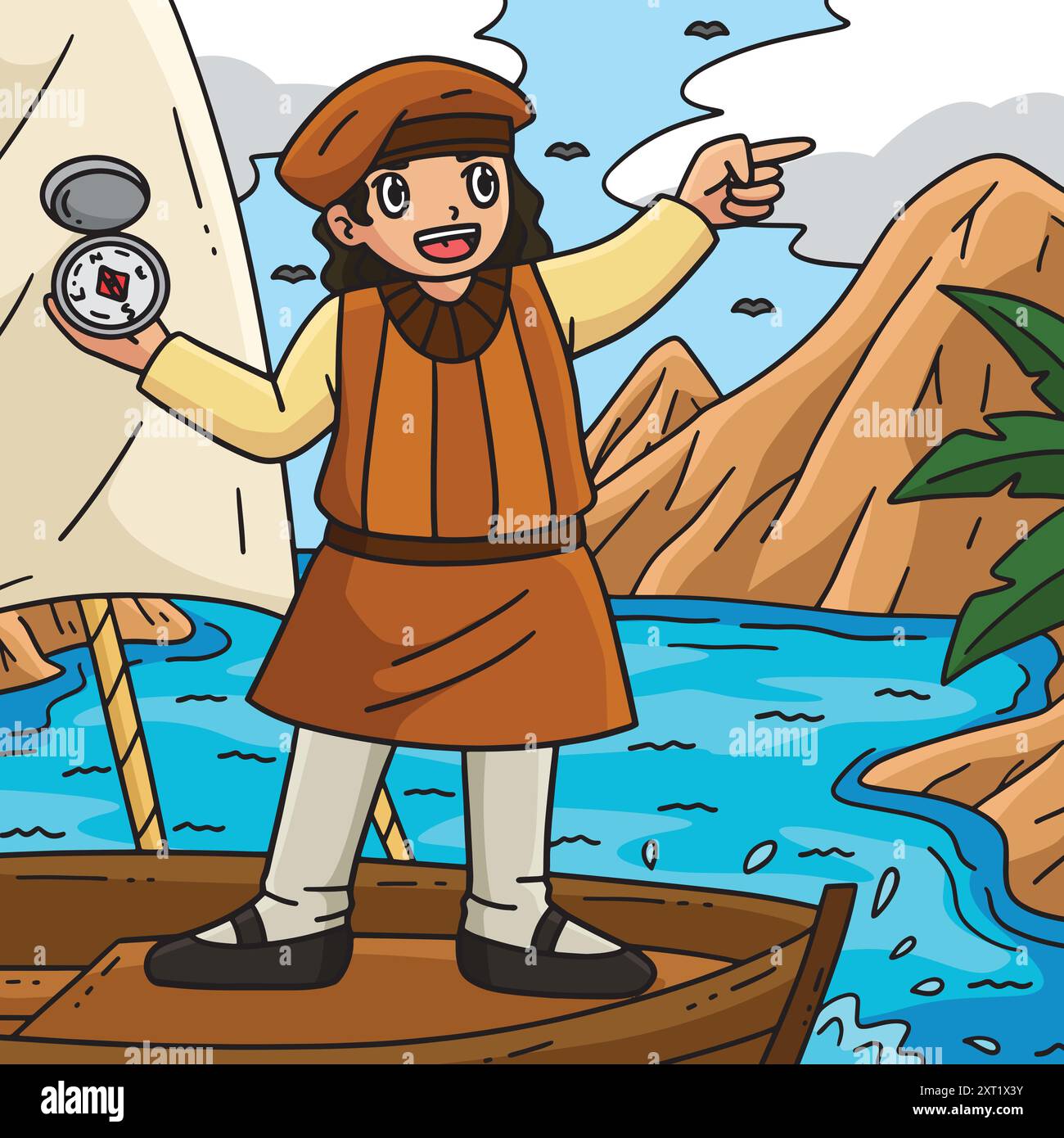Columbus Day Explorer with Compass Colored Cartoon Stock Vector Image ...