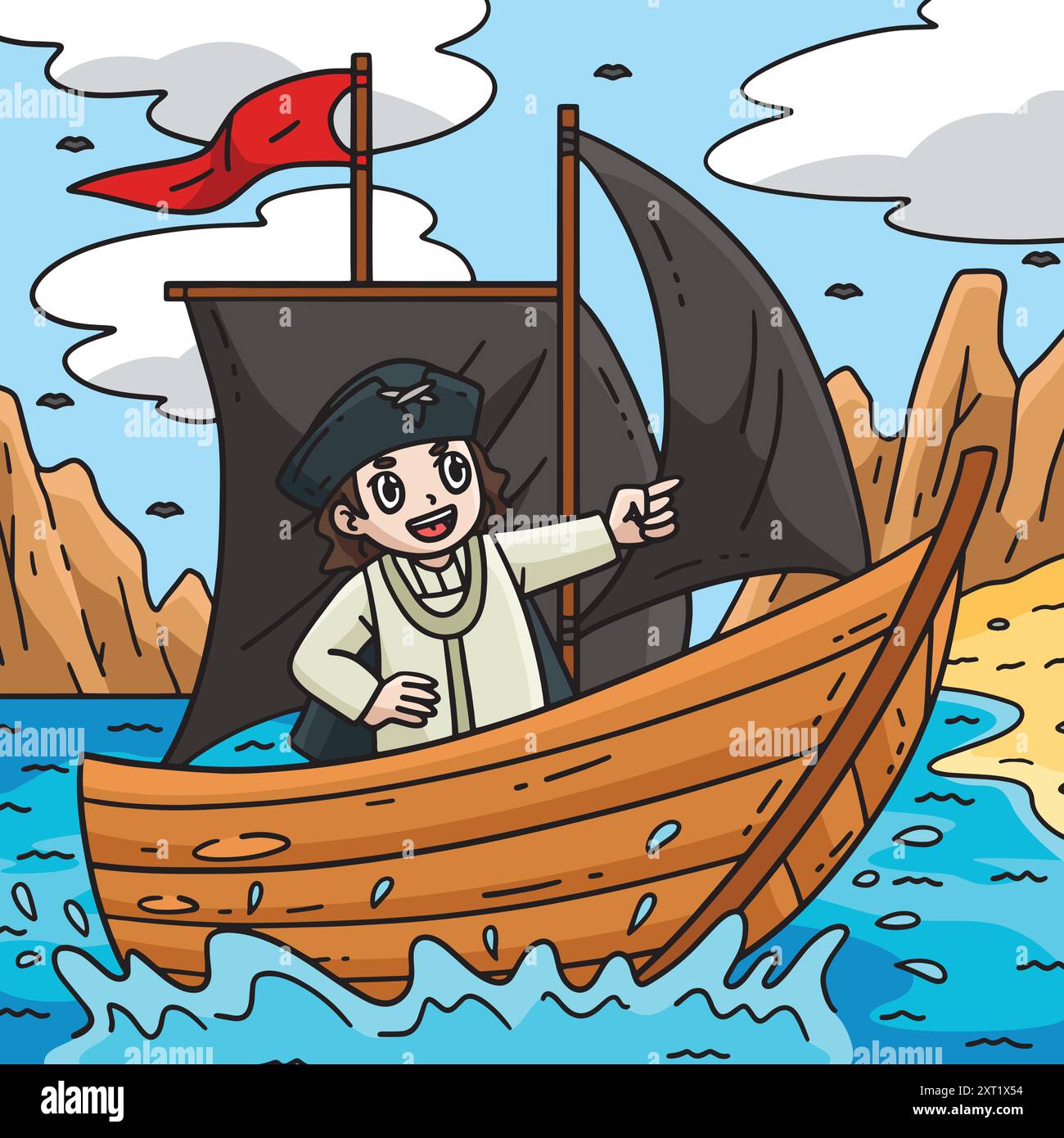 Columbus Day Man on the Ship Colored Cartoon Stock Vector Image & Art ...