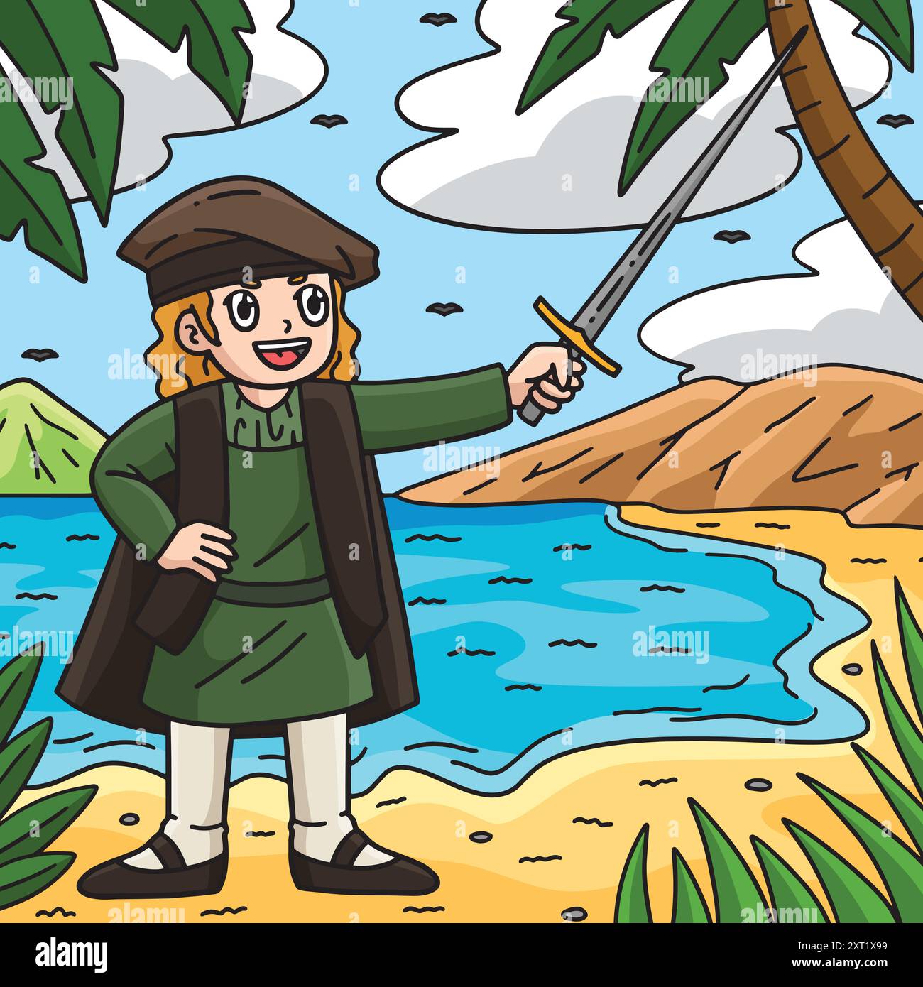 Columbus Day Man with Sword Colored Cartoon Stock Vector Image & Art ...