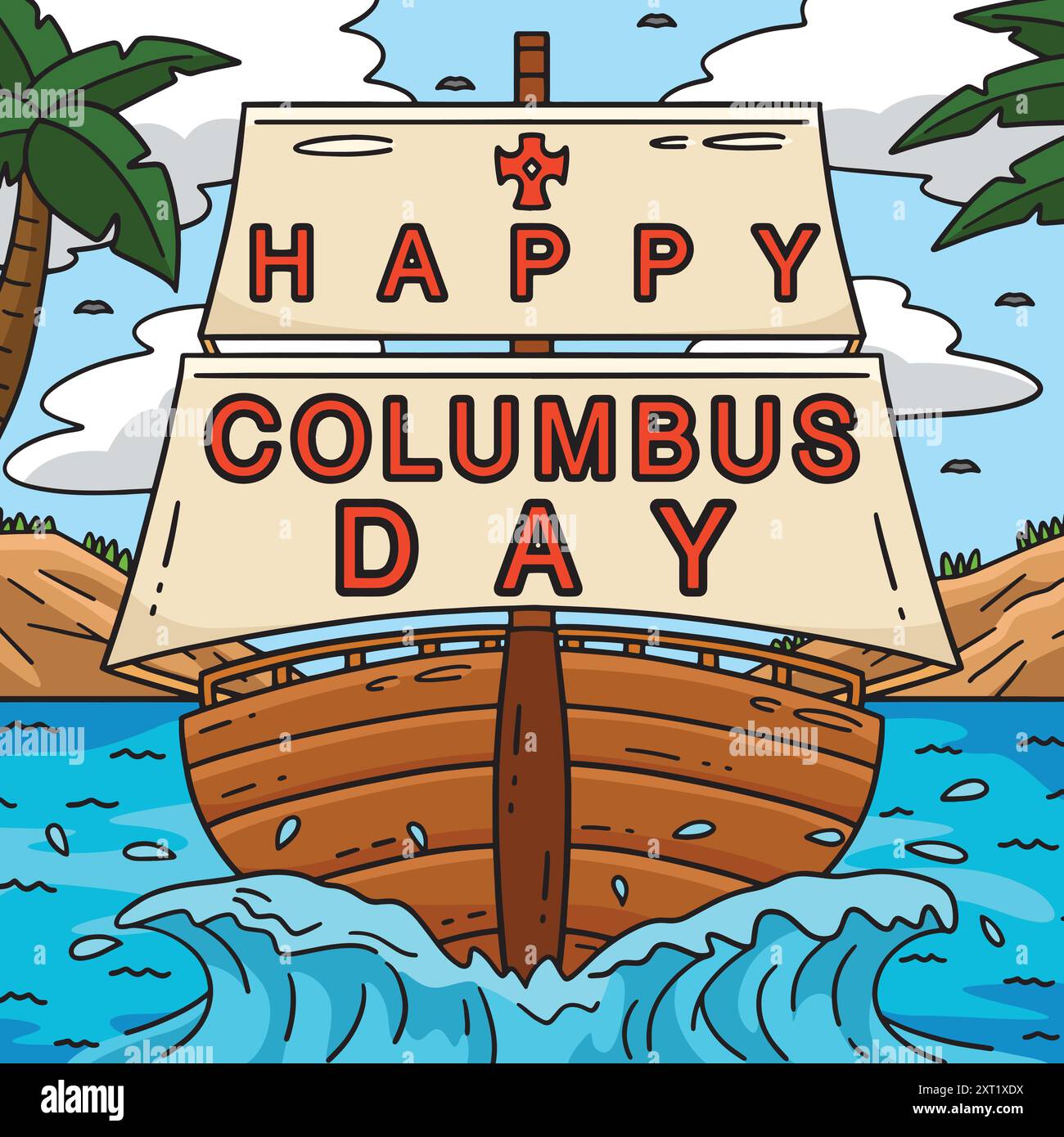 Happy Columbus Day on Ship Colored Cartoon Stock Vector Image & Art - Alamy