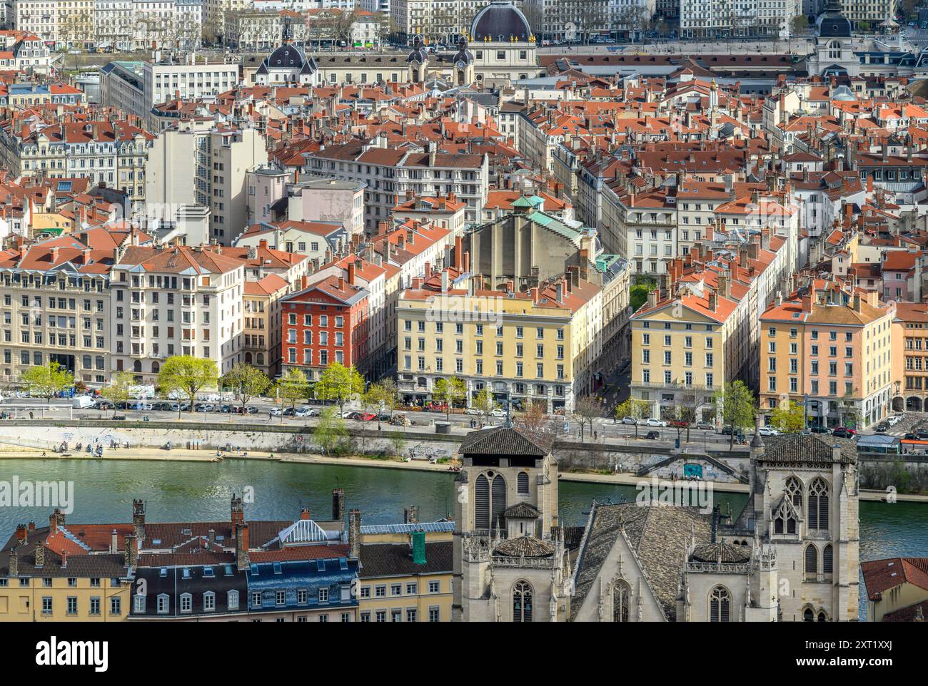 Cityscape of Lyon viewing east from Basilique Notre-Dame de Fourvière ...