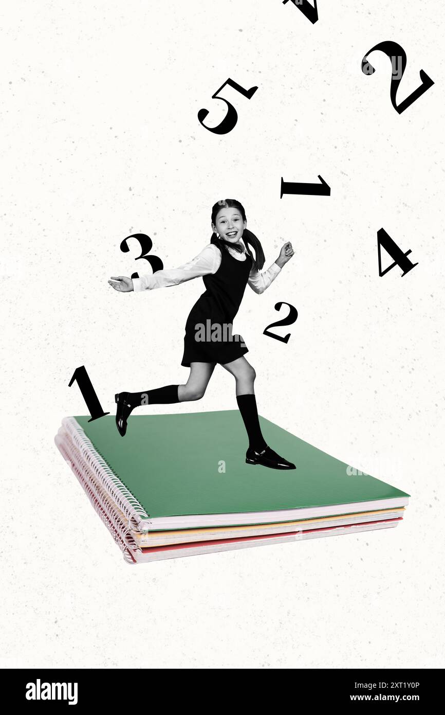 Vertical photo collage of happy schoolgirl run math subject lesson ...