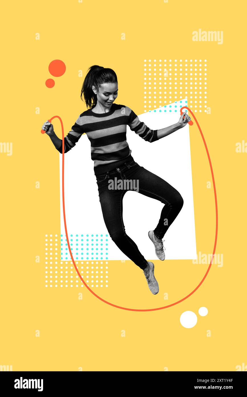 Collage picture artwork of cheerful joyful woman jumping up hold rope ...