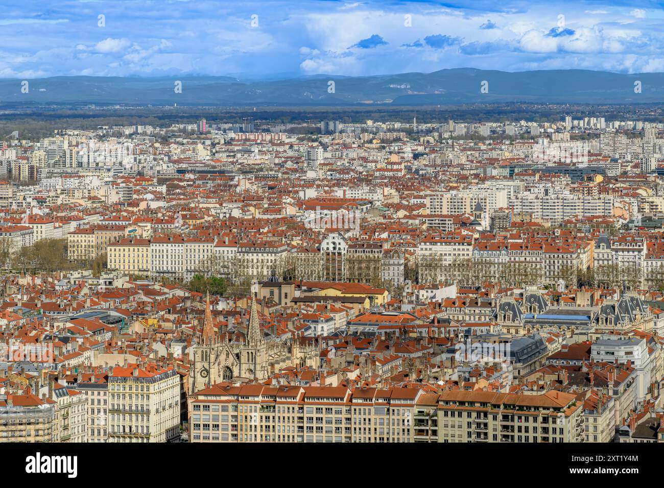 Cityscape of Lyon viewing east from Basilique Notre-Dame de Fourvière ...