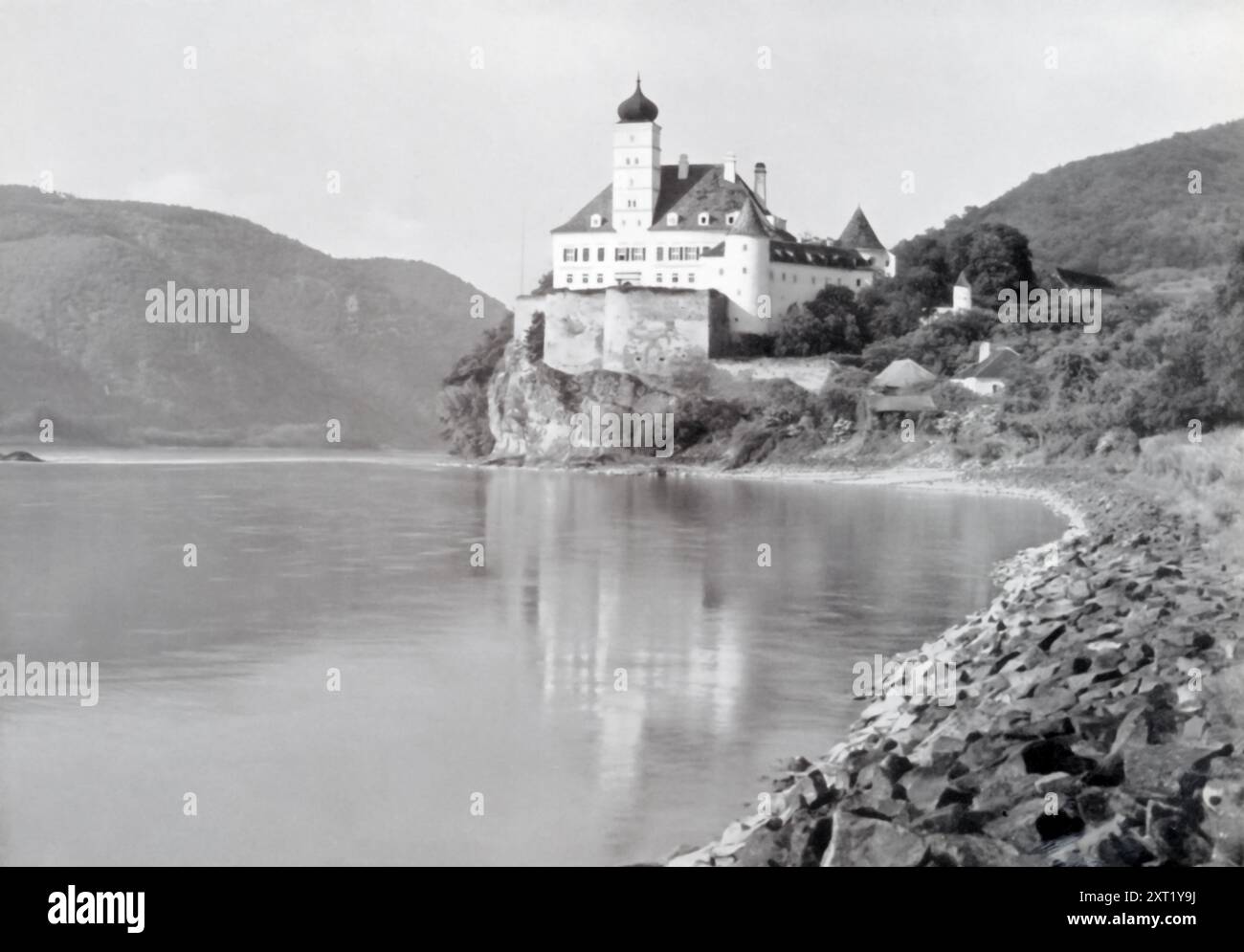 The photograph shows Schloss Schönbühel, a castle located along the ...