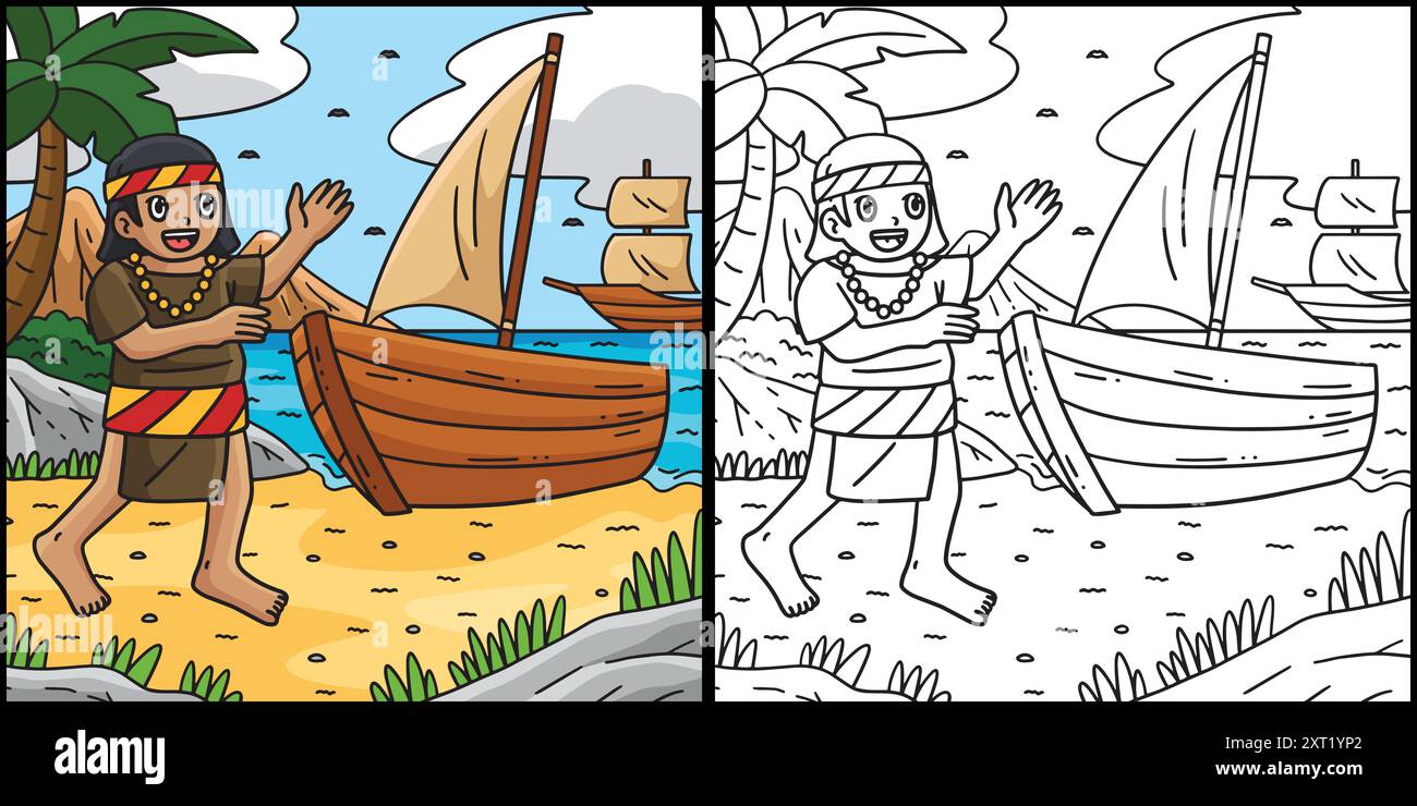 Columbus Day Native Man and Boat Illustration Stock Vector Image & Art ...