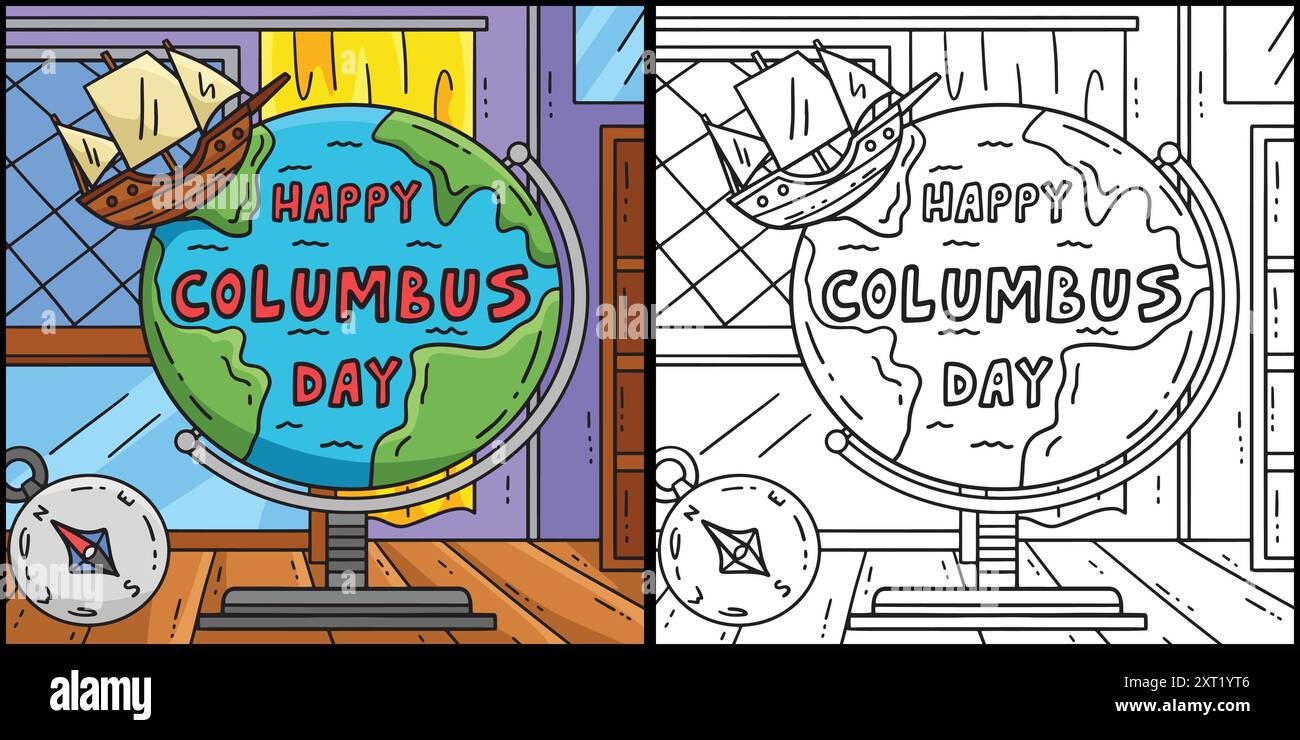 Happy Columbus Day on Globe Coloring Illustration Stock Vector Image ...