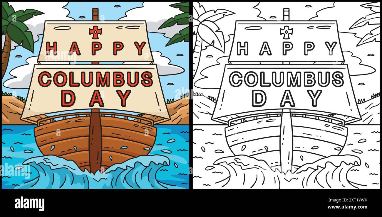 Happy Columbus Day on Ship Coloring Illustration Stock Vector Image ...