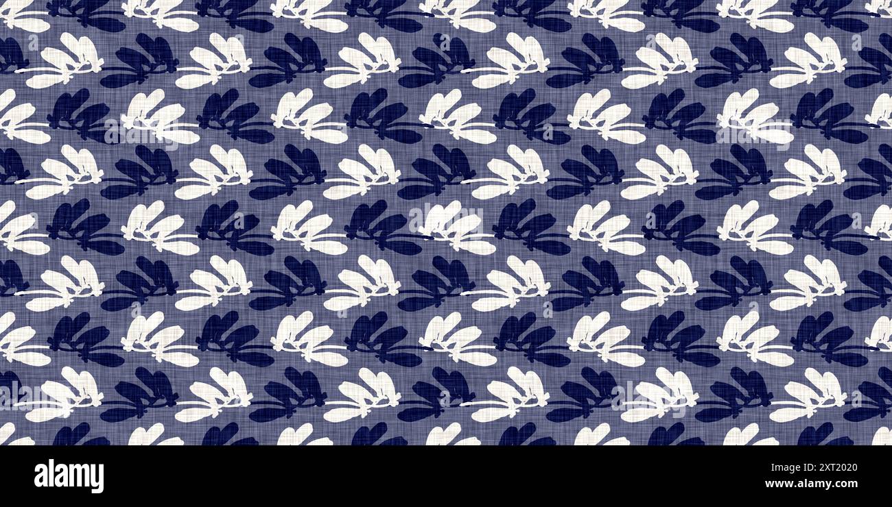 Indigo denim blue leaf motif seamless border. Japanese dye batik fabric ...