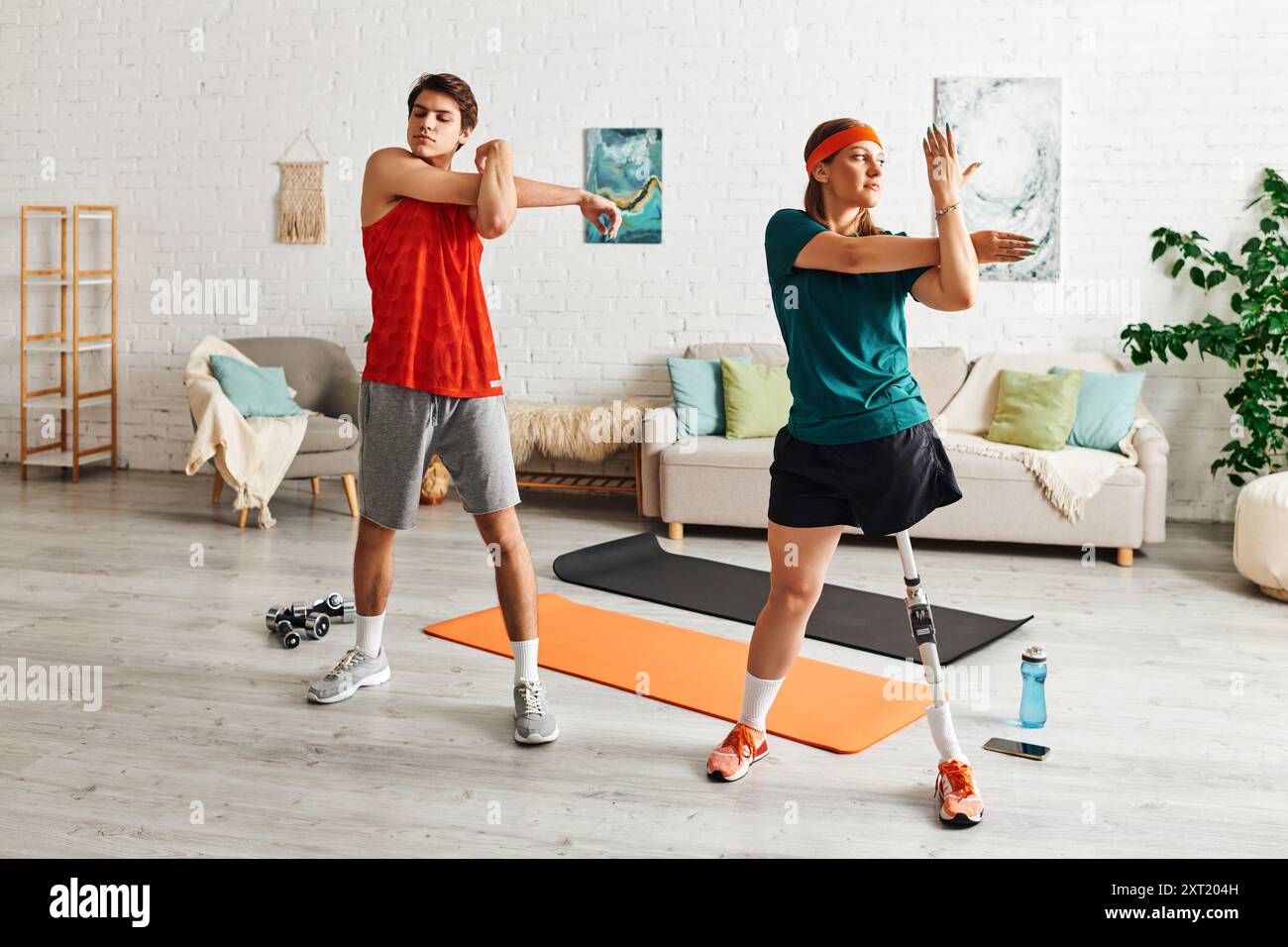 A woman with a prosthetic leg and her boyfriend stretch together on ...