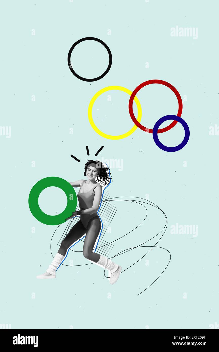 Composite collage image of young female retro hold ring olympic games ...