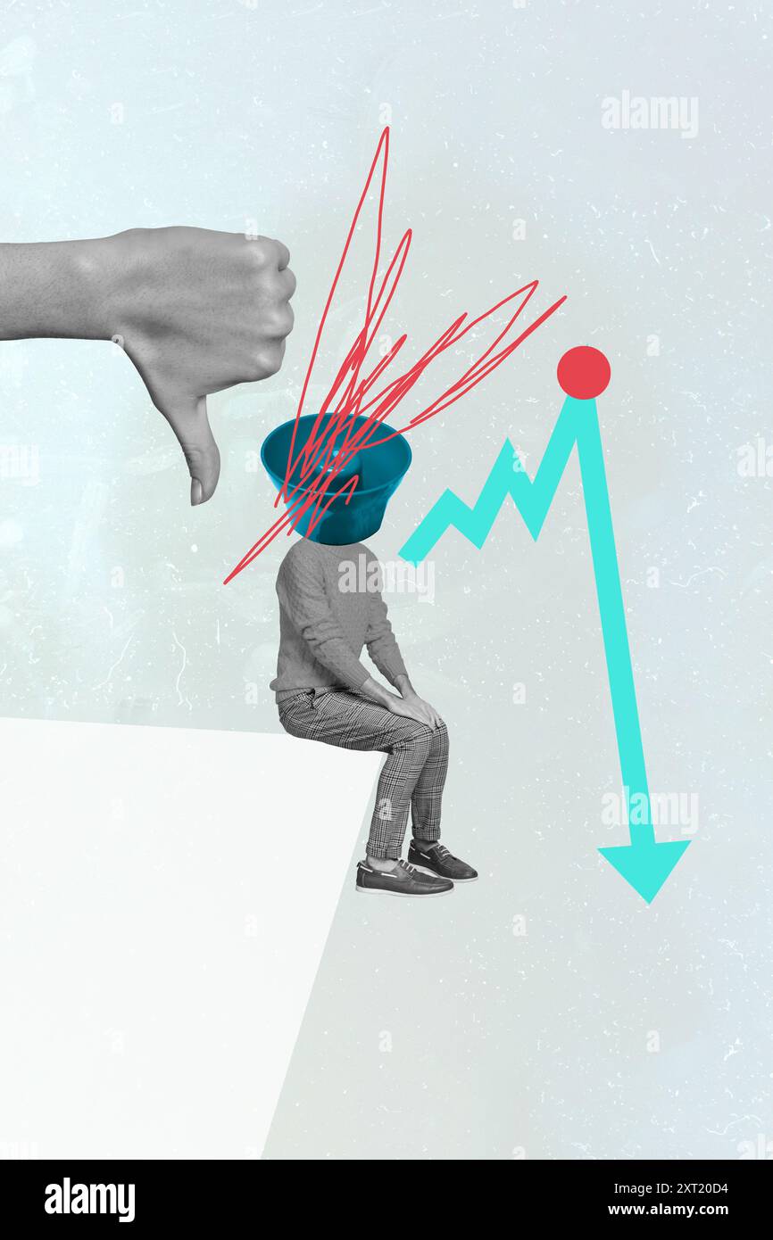 Vertical creative collage of headless person sitting sad when shares ...