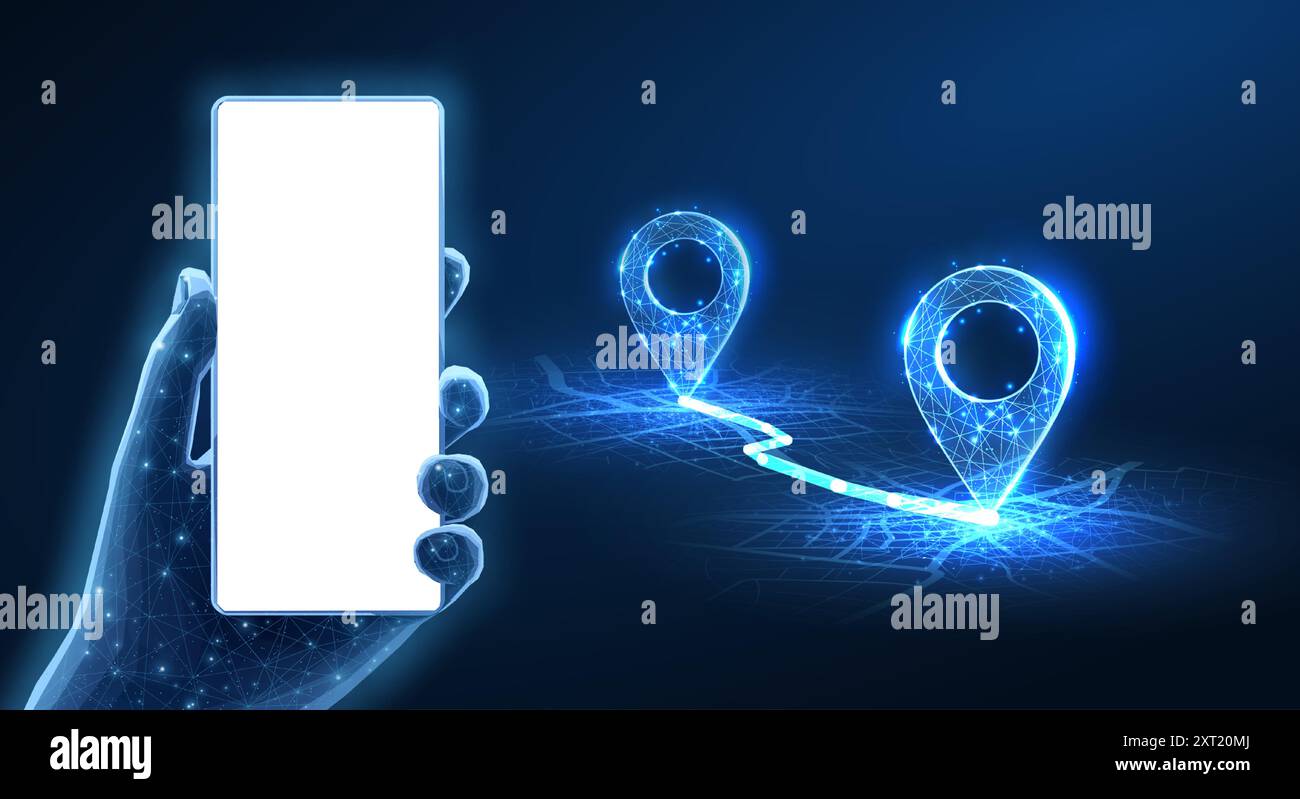 Phone mockup in hand and pins connected. Phone mobile app, gps tracker ...