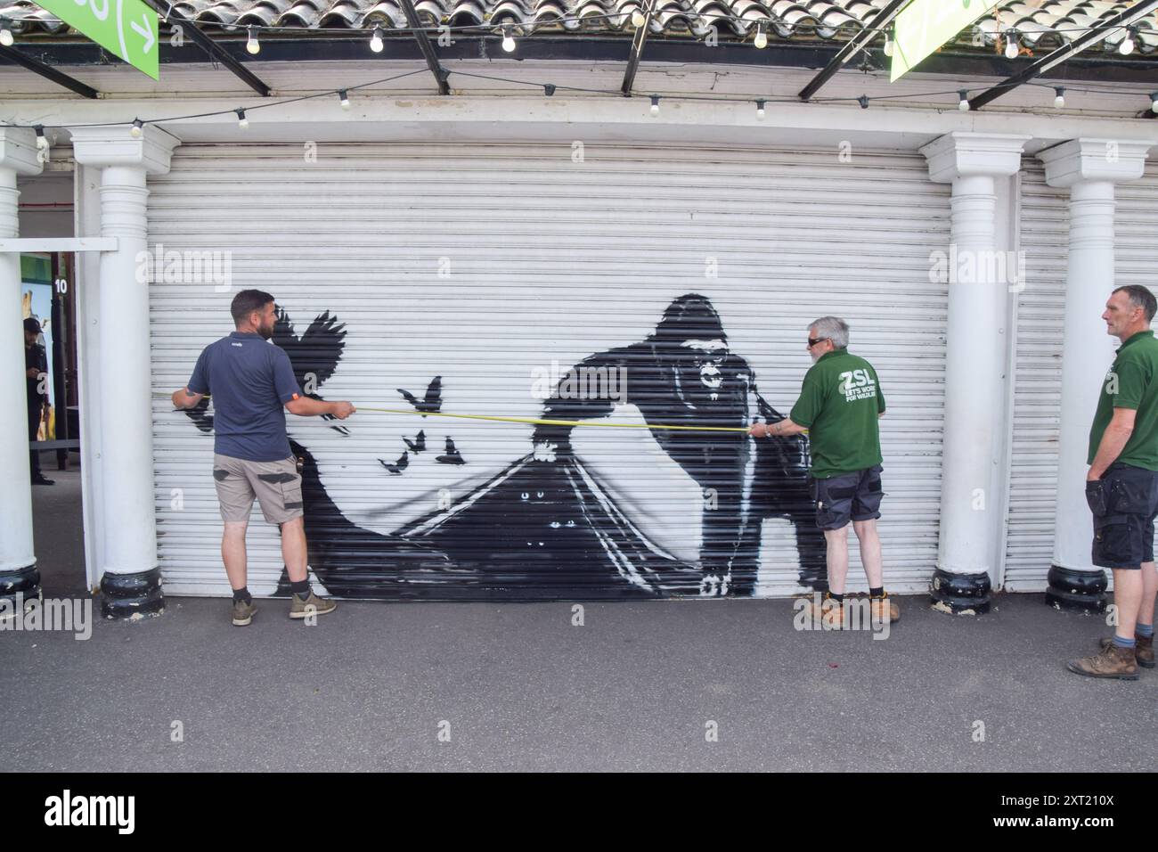 London, UK. 13th August 2024. Zoo staff inspect the new artwork by ...