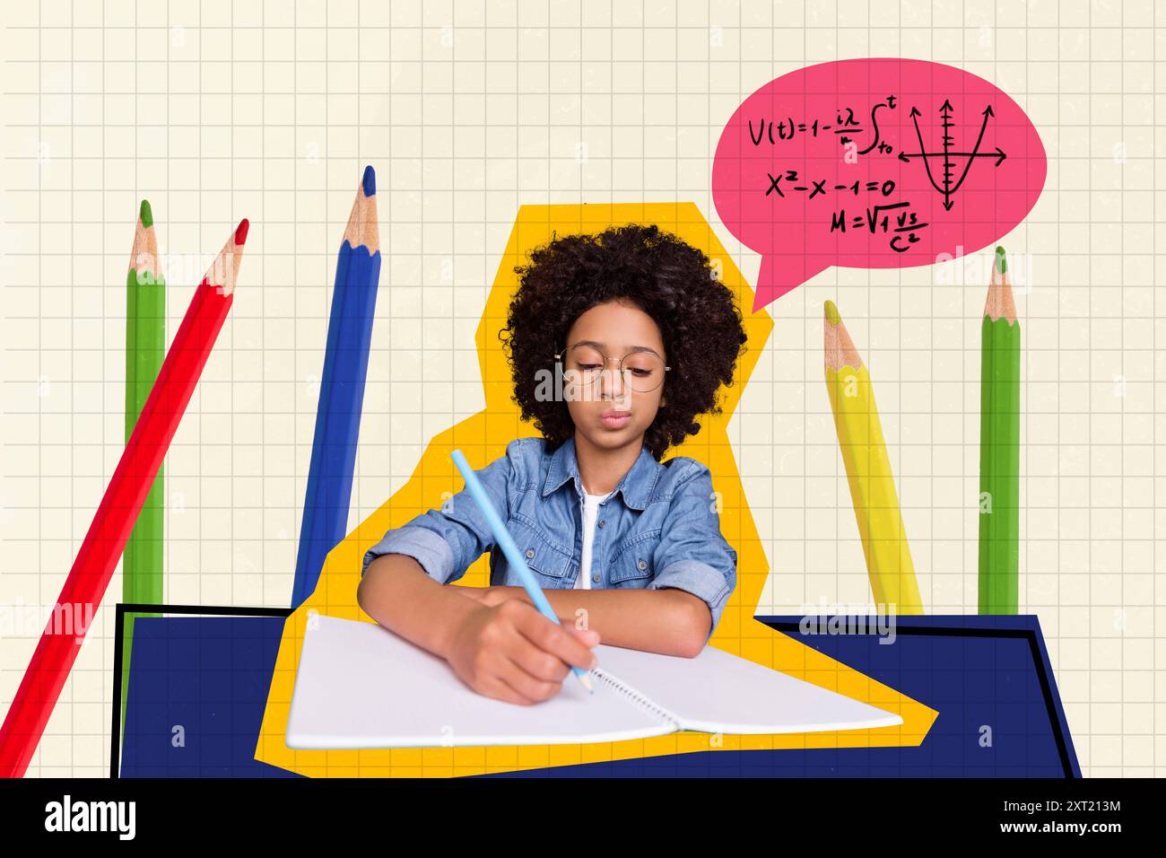 Composite photo collage of serious american girl do homework lesson ...