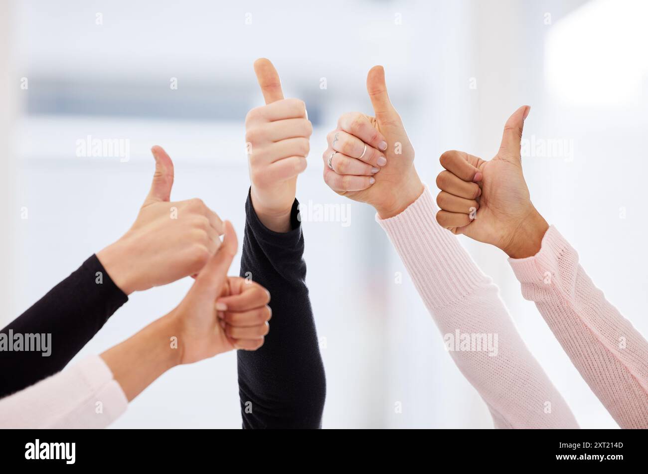 People, hands and ballerina with thumbs up for teamwork, good job or ...