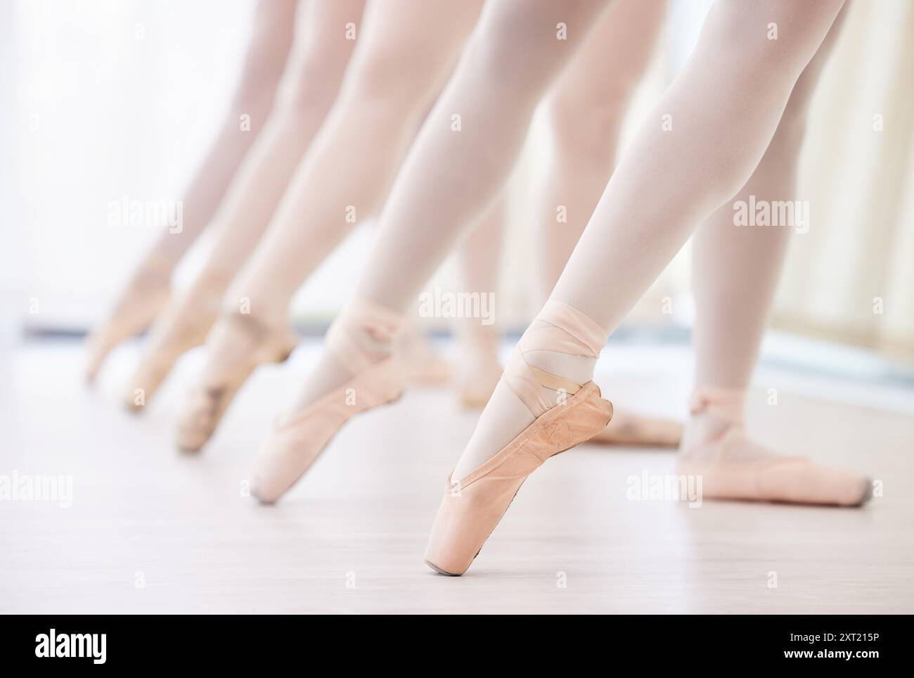 Ballet, point shoes and feet on floor in dancing, artist and ...