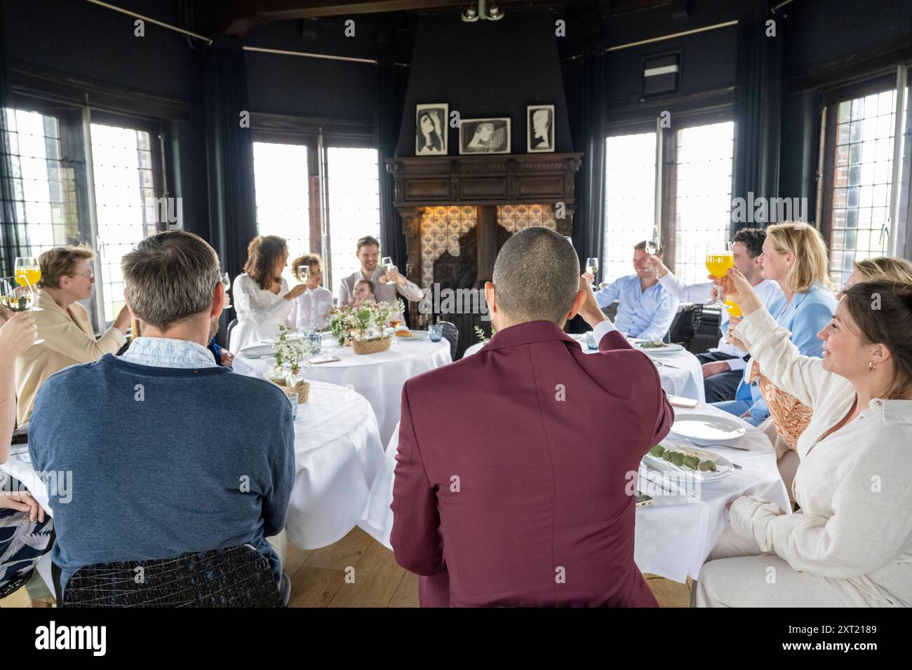Group of friends enjoying a toast around a dining table in an elegant ...
