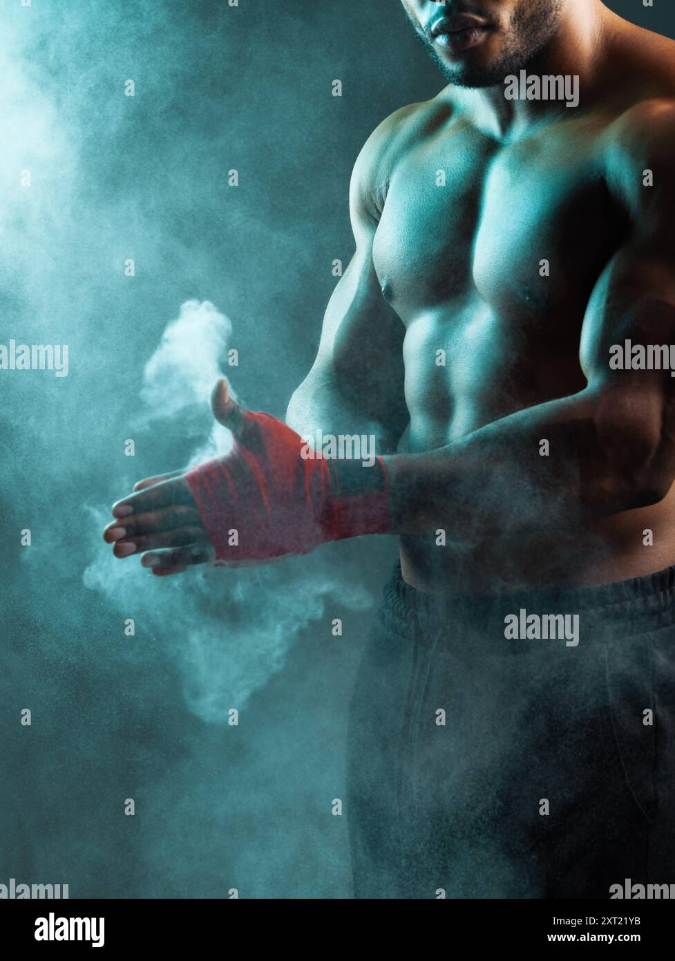 Hands, person and boxing with powder in studio background for strength ...