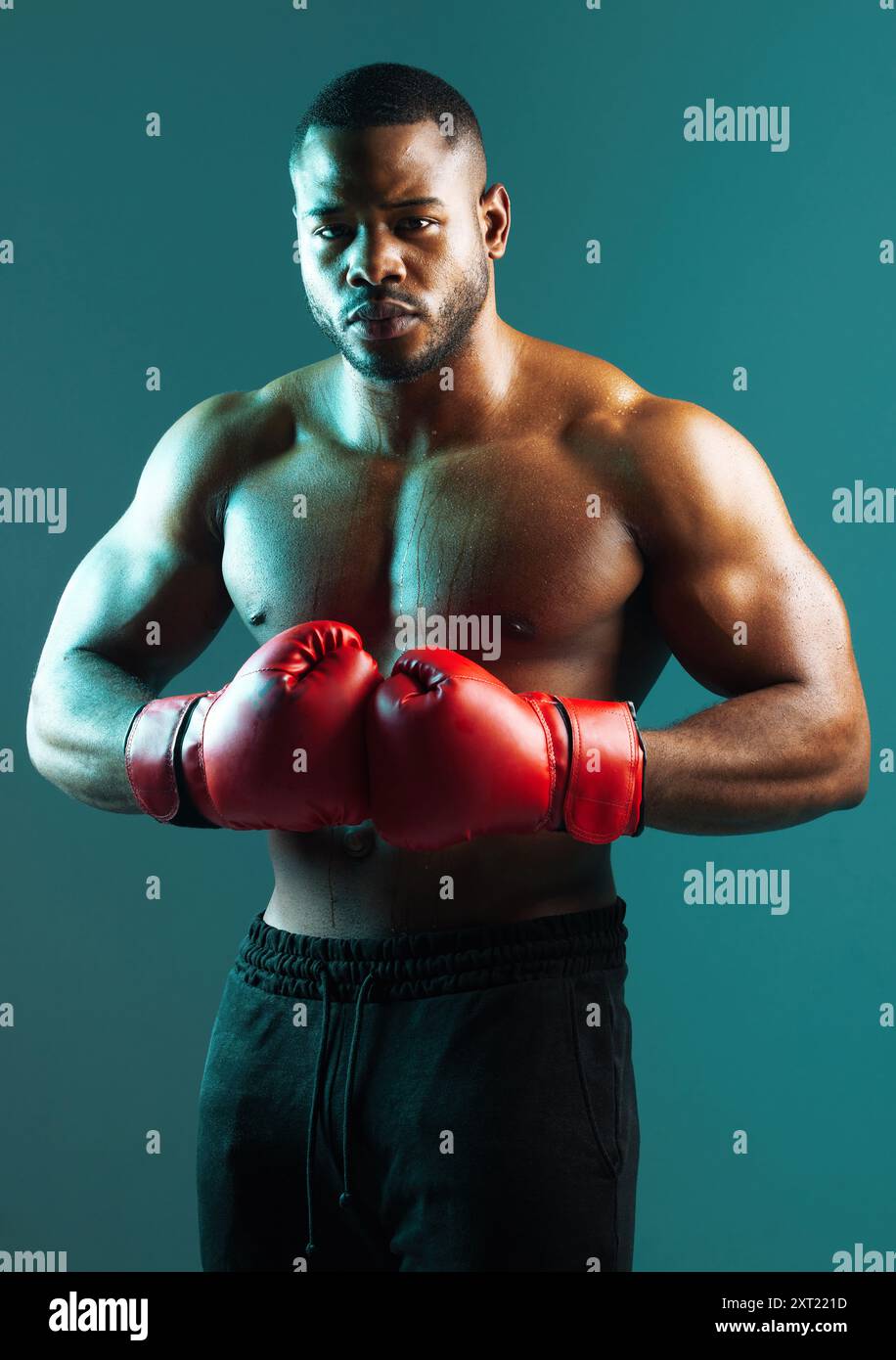 Black man, boxing and fitness of portrait on studio background, power ...
