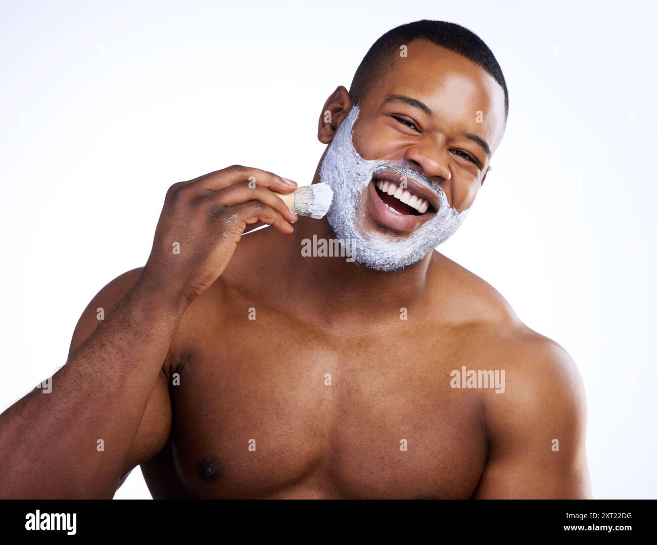 Happy black man, portrait and brush with cream for shaving, grooming or ...