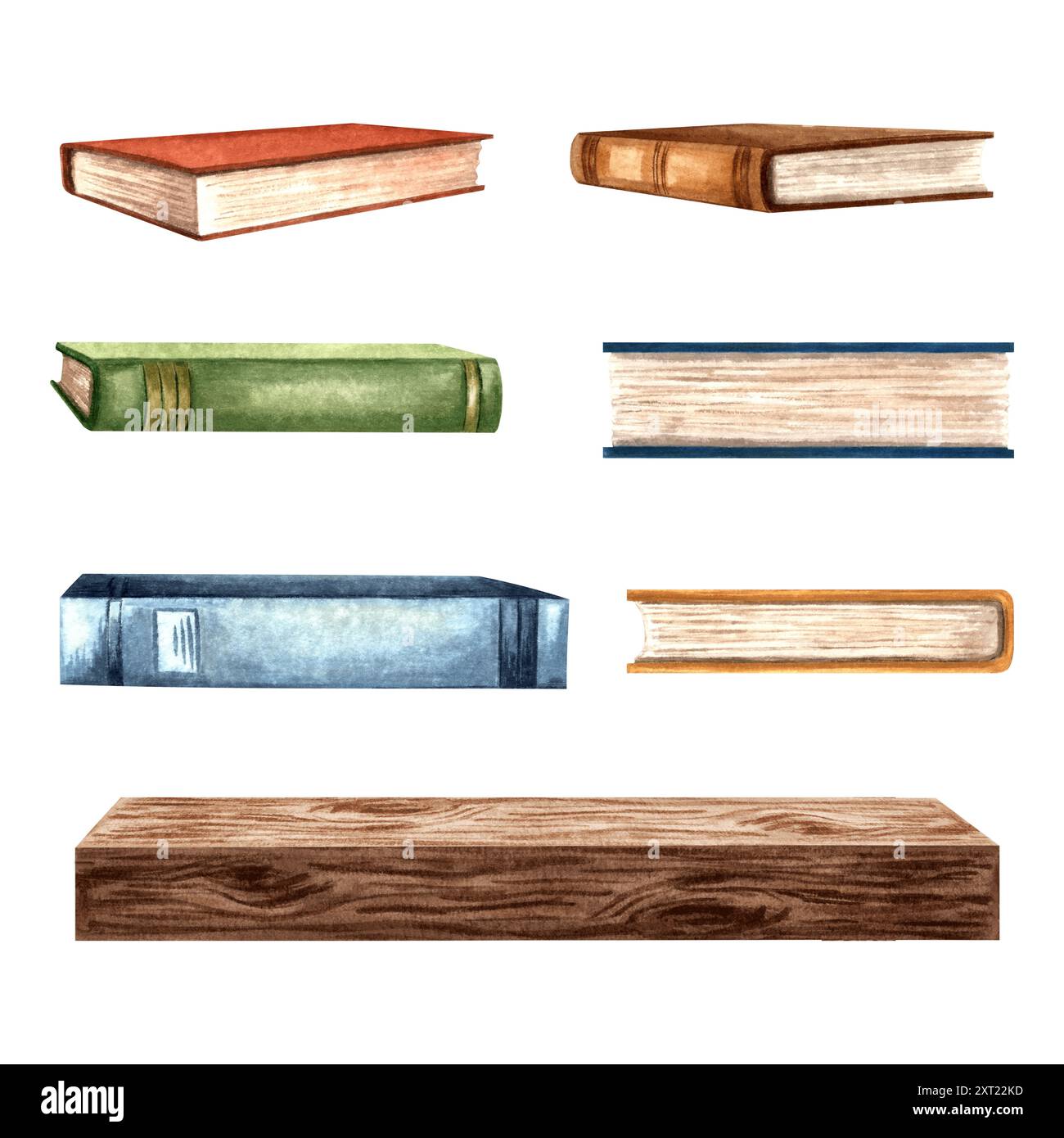 Books in bound autumn colors and wooden shelf. Set of isolated hand ...