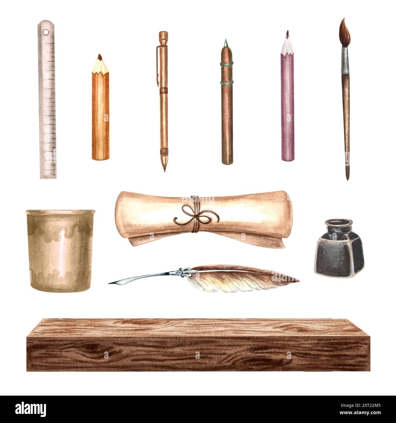 Writing supplies vintage set. Parchment paper scroll with pensils ...