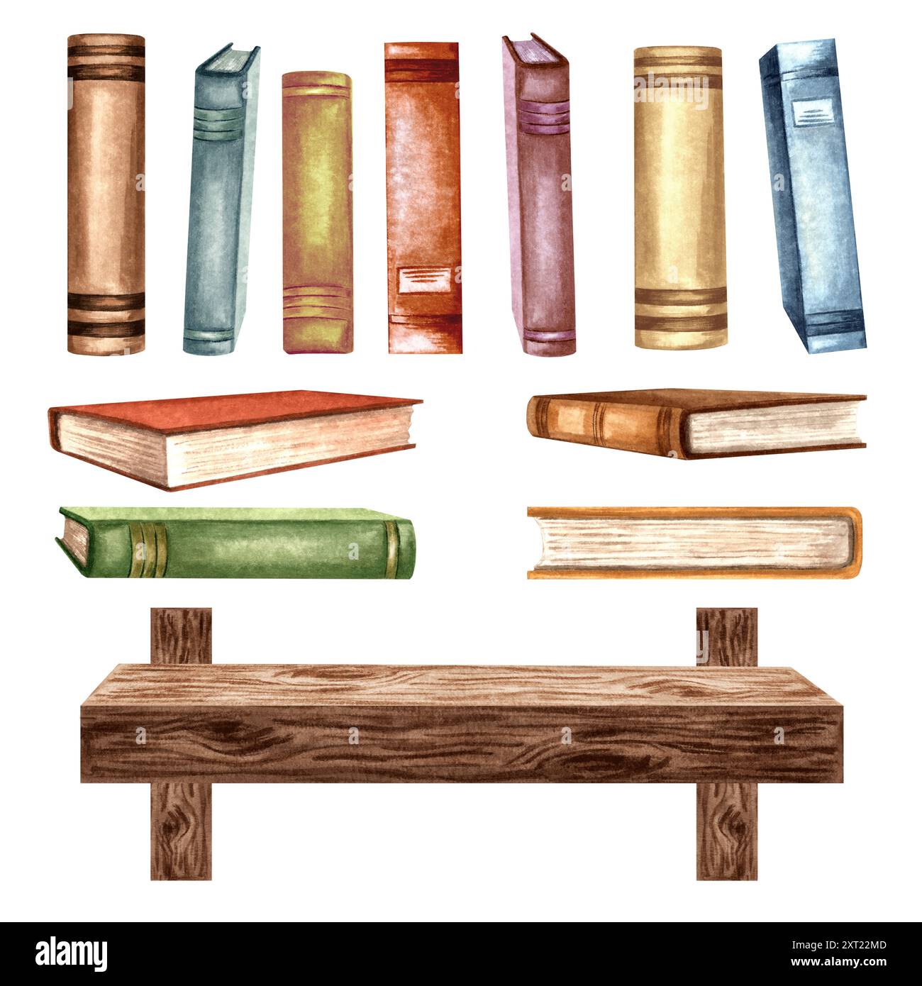 Books in bound autumn colors and wooden shelf. Set of isolated hand ...