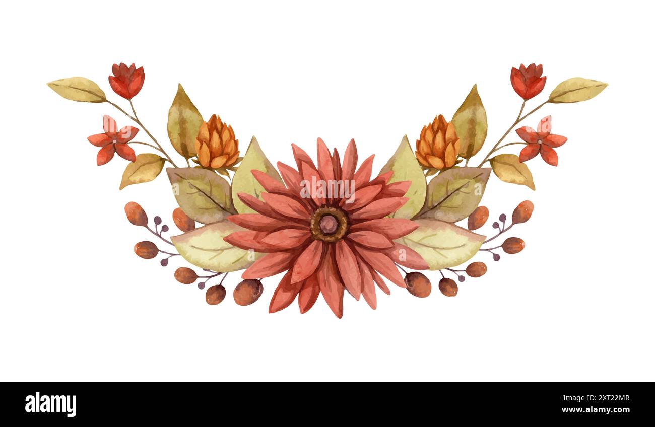 Fall flower watercolor oblong arrangement with red Aster. Hand drawn ...