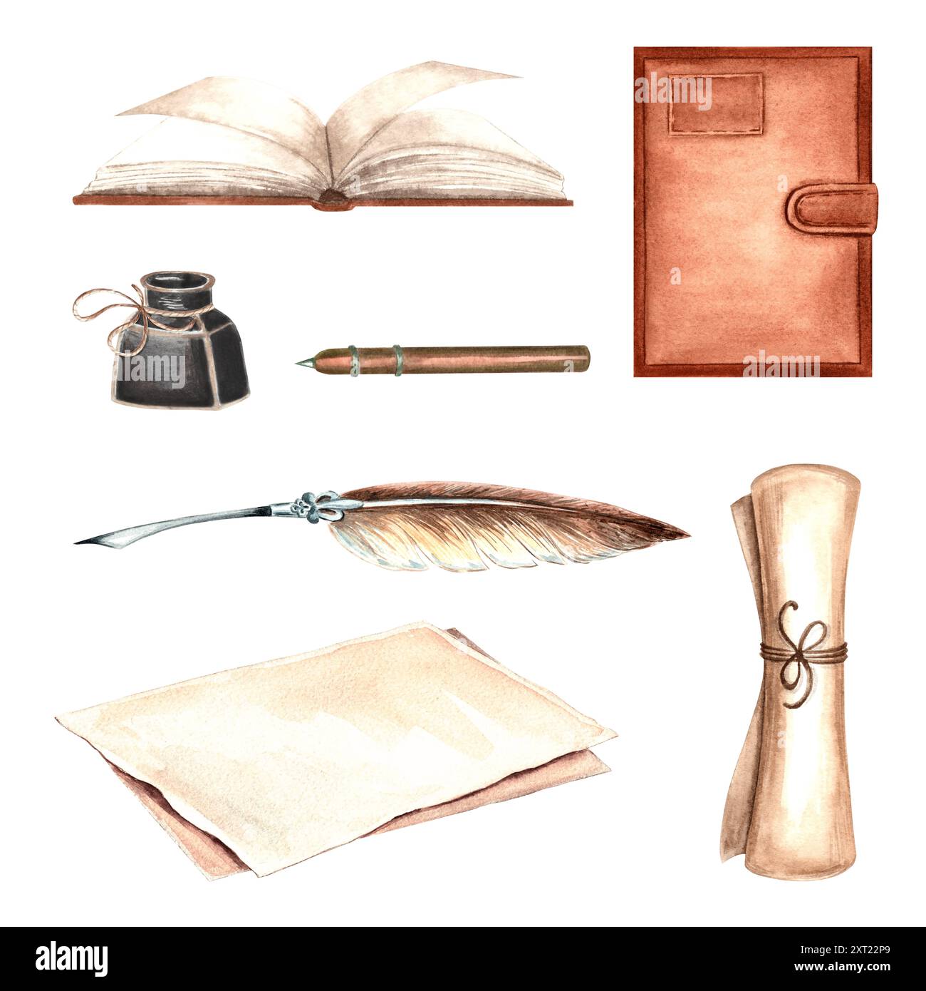 Parchment paper scroll with books, feather quill and inkwell. Set of ...