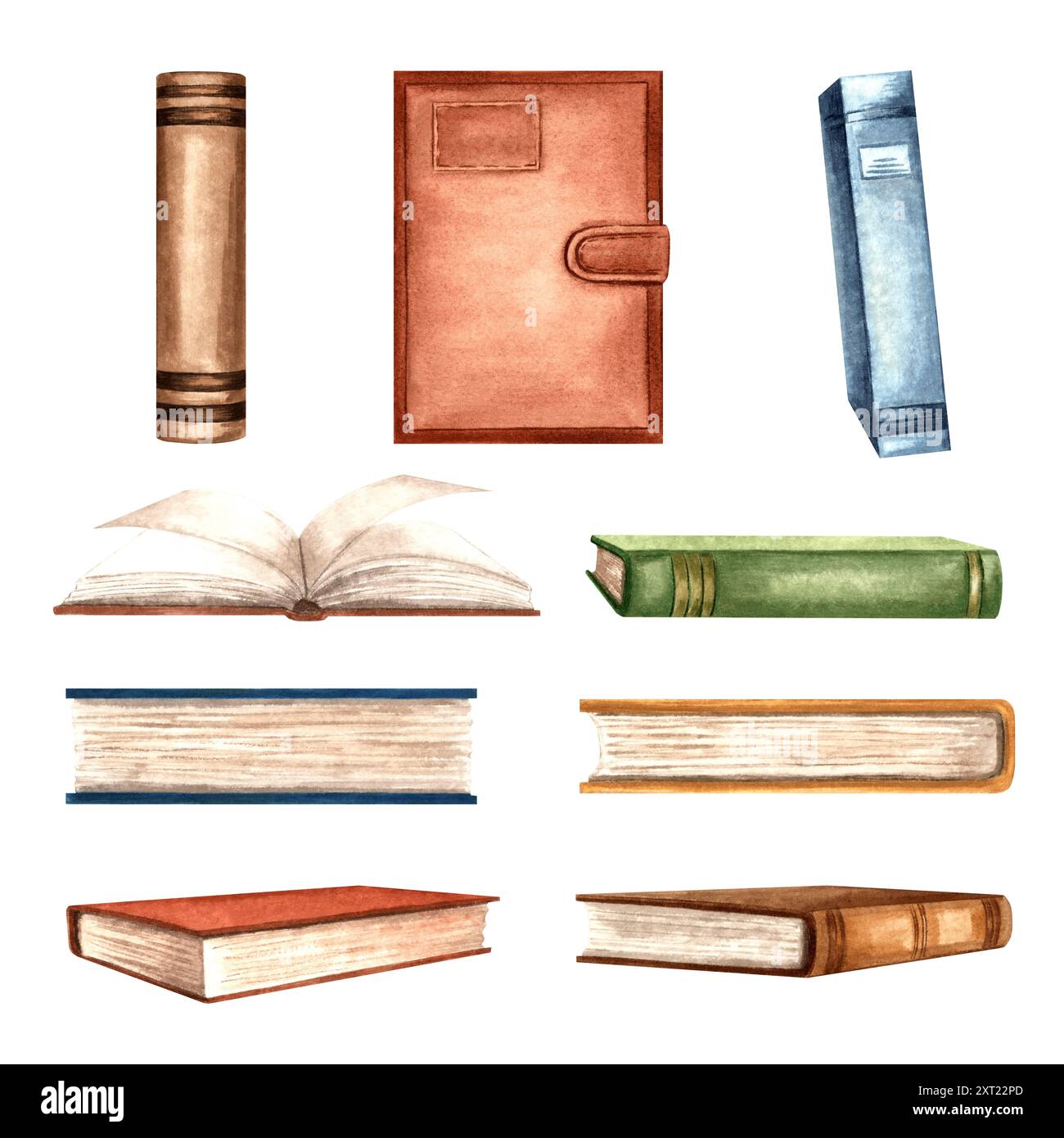 Books in bound autumn colors in different angles. Set of isolated hand ...