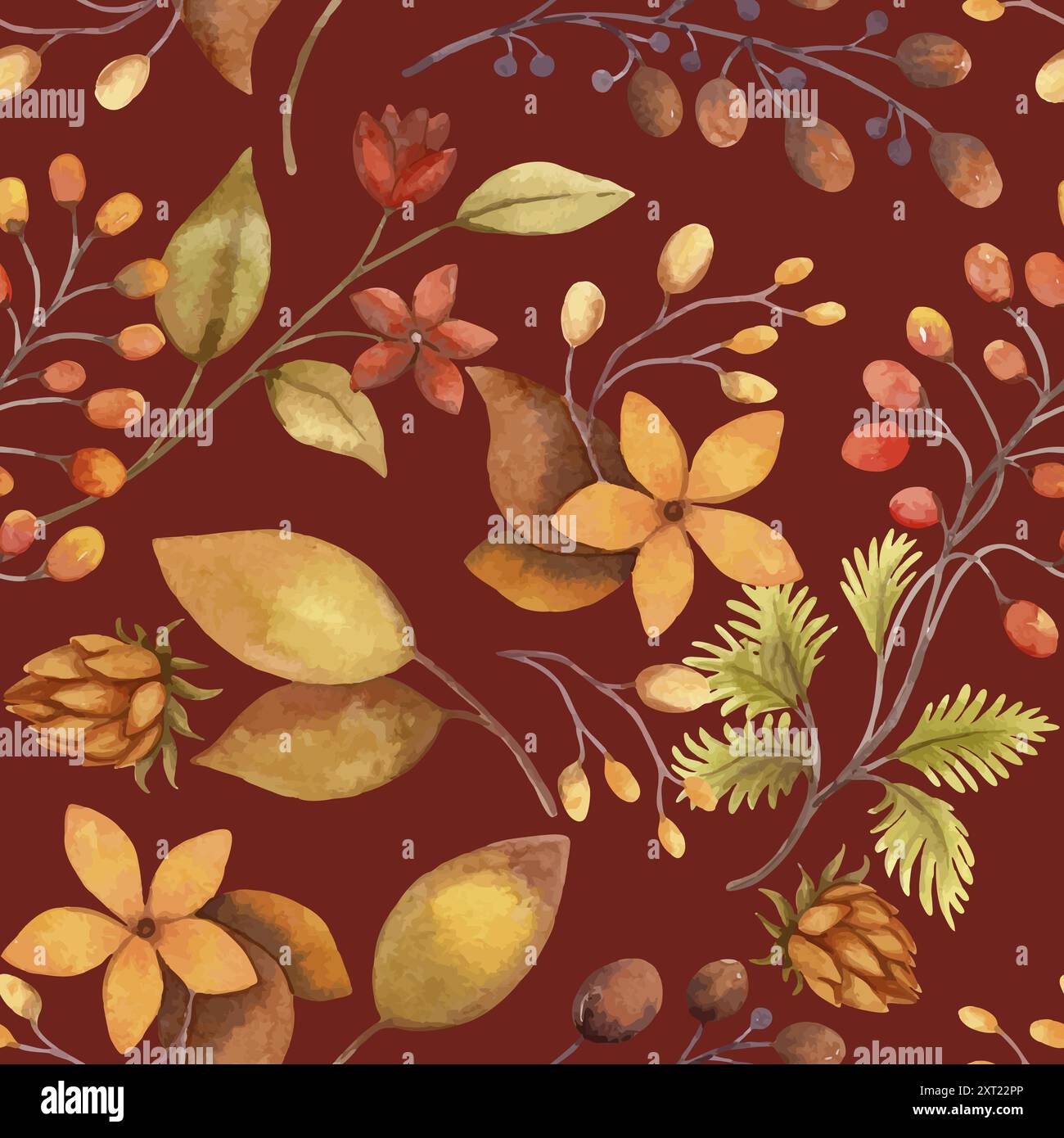 Fall flowers vector seamless pattern with leaves and berries on the ...