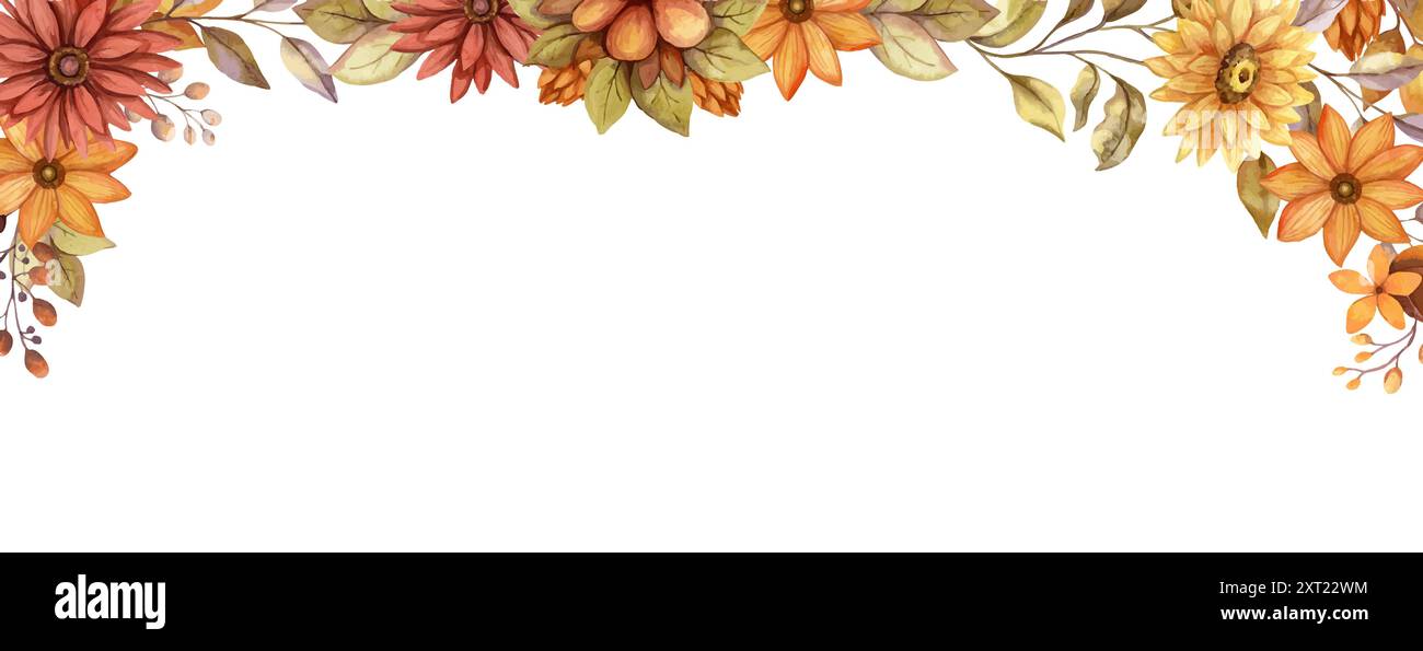 Autumn flower horizontal banner frame with watercolor blossom and ...