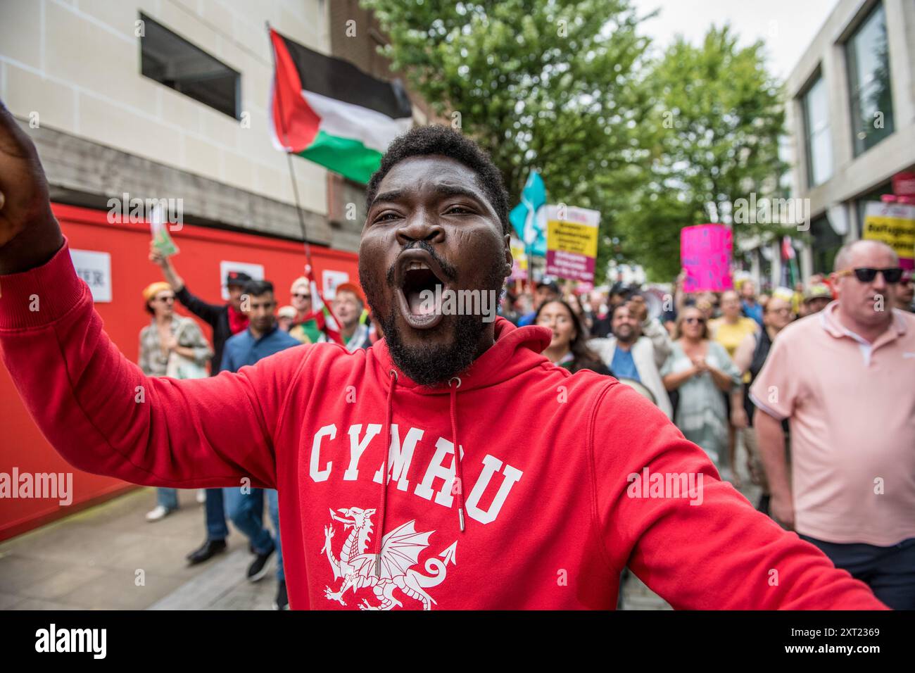 11th August 2024, Swansea, Wales. Pictured is a man chanting during the ...