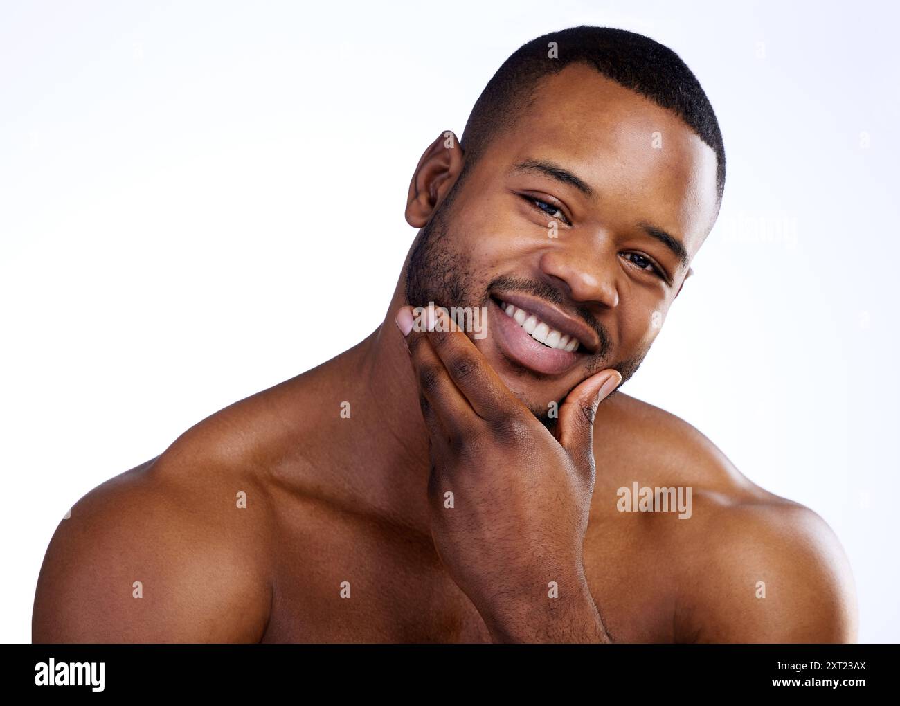 Black man, smooth skincare portrait and studio for wellness ...