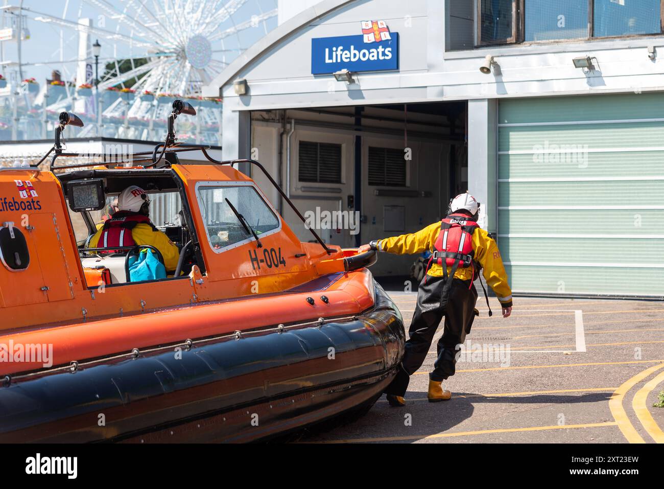 RNLI hovercraft in Southend on Sea, Essex, UK, returning to the base ...