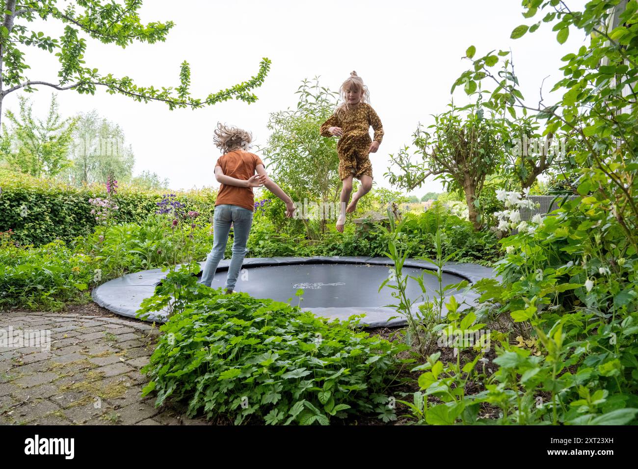 Two children joyfully jumping on an outdoor trampoline surrounded by ...