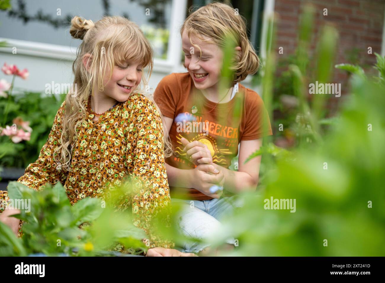 Two girls laughing together in a garden with green plants in the ...