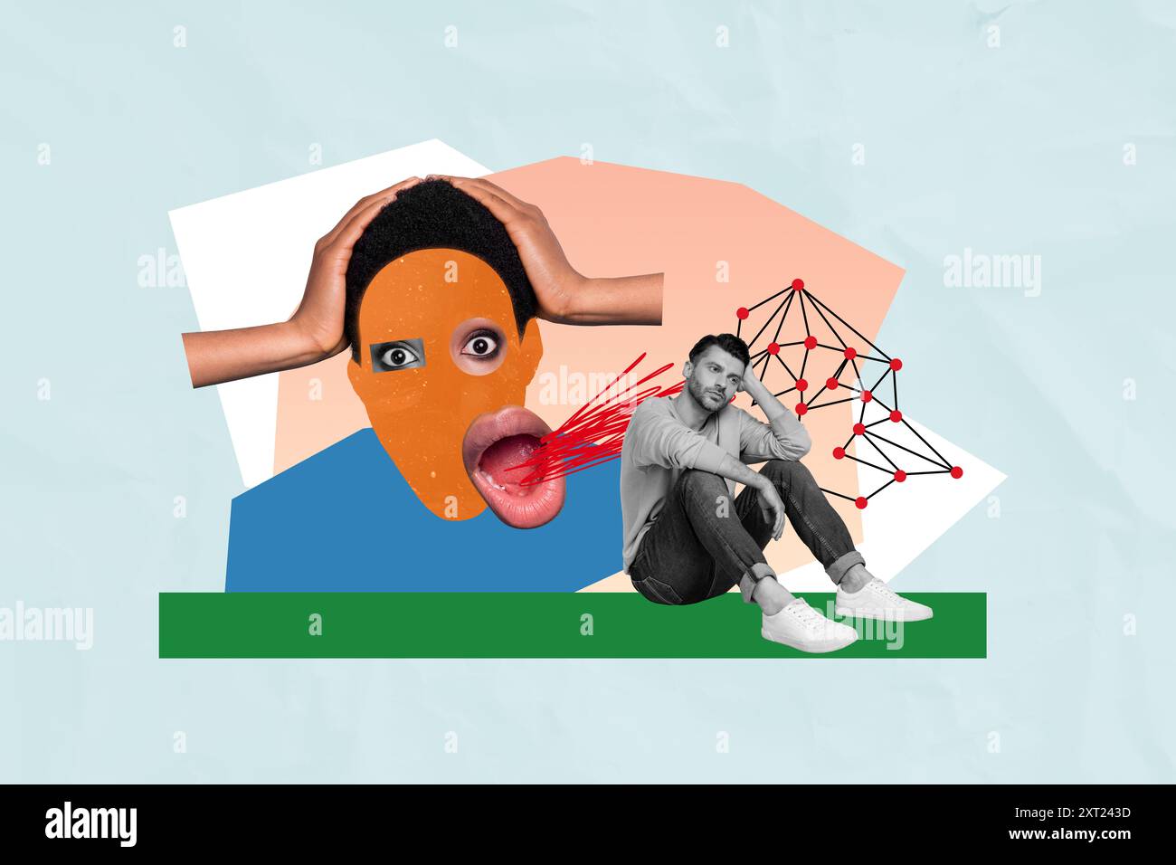 Absurd caricature collage picture of stressed thoughtful man and woman ...