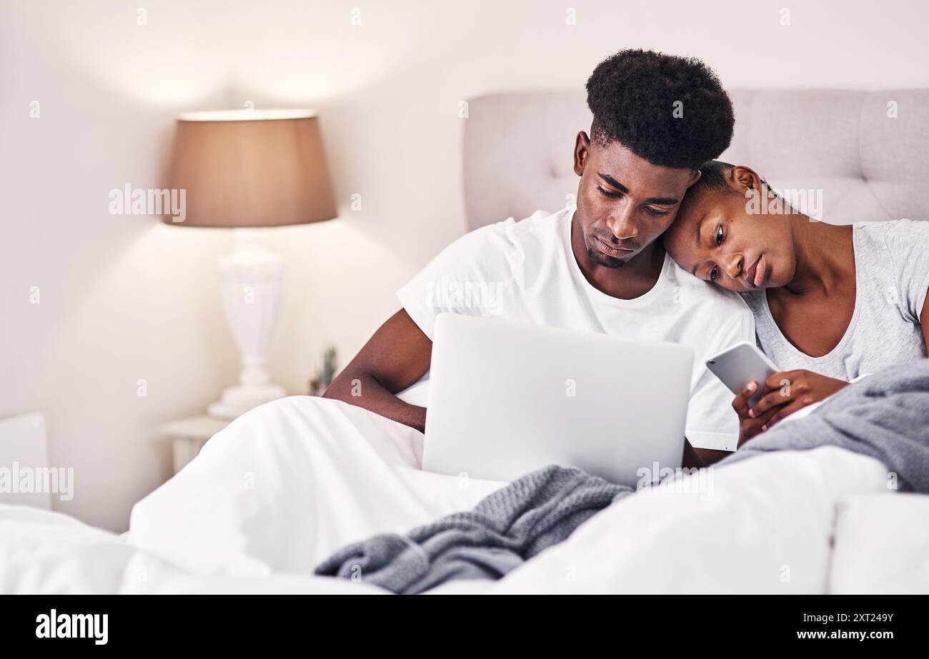 Black couple, laptop and bedroom with mobile phone, bonding for ...