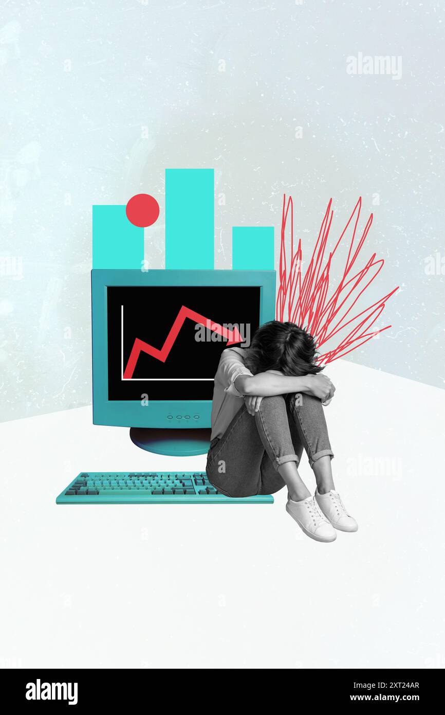 Creative financial collage of stressed woman analyzing diagram bad ...