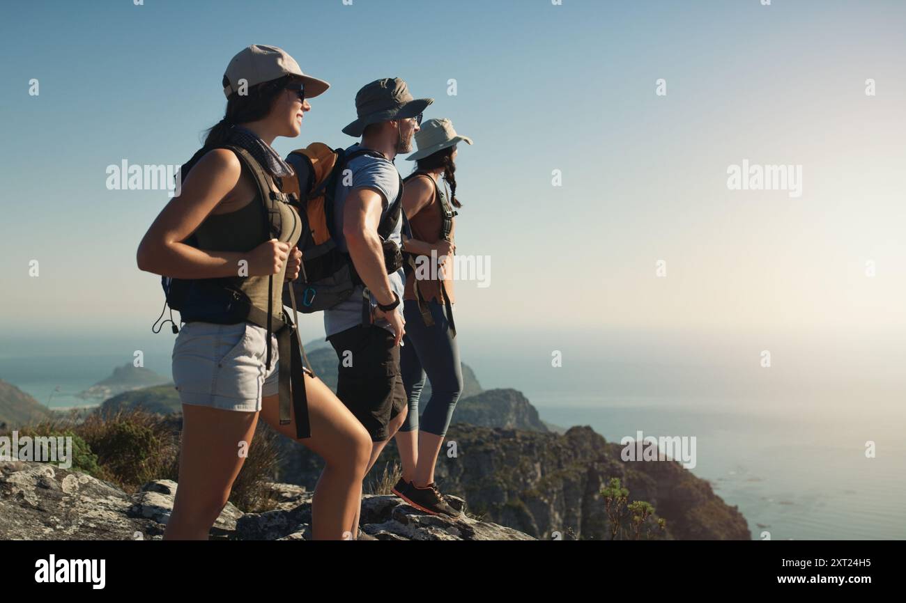 Hiking, mountain and friends on cliff outdoor of fitness travel ...