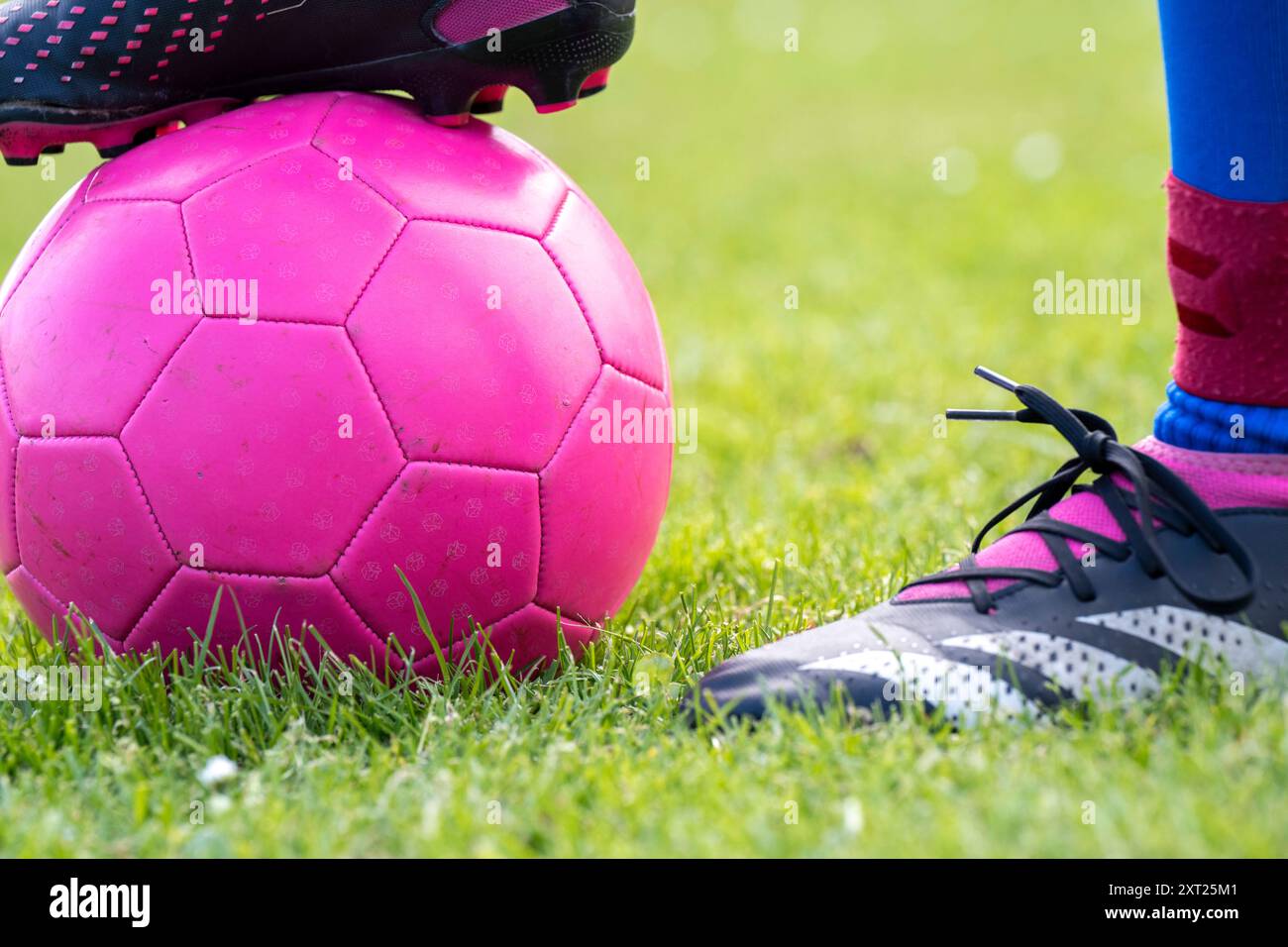 Close-up of a pink soccer ball with a player s foot on top and another ...