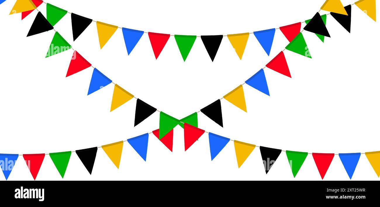 Red, green, black, yellow and blue flag garland. Triangle pennants ...