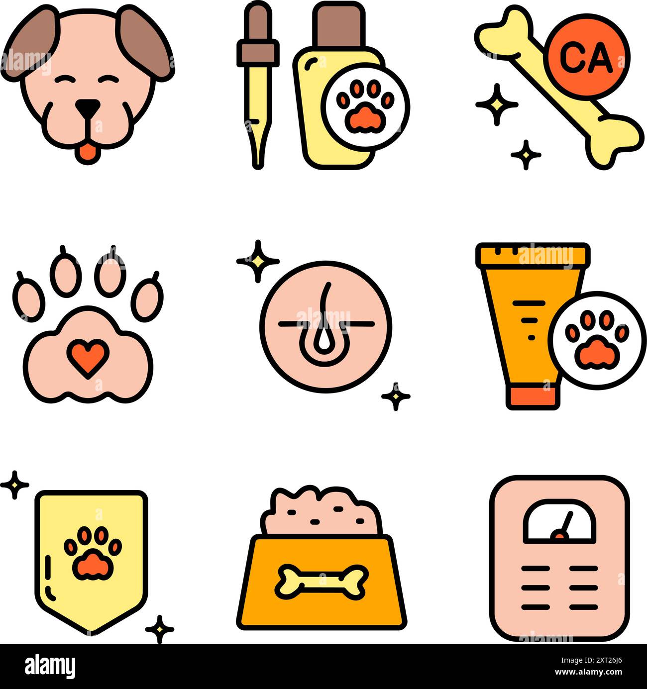 Pets vitamins color icons set. Different types of dogs medicine ...