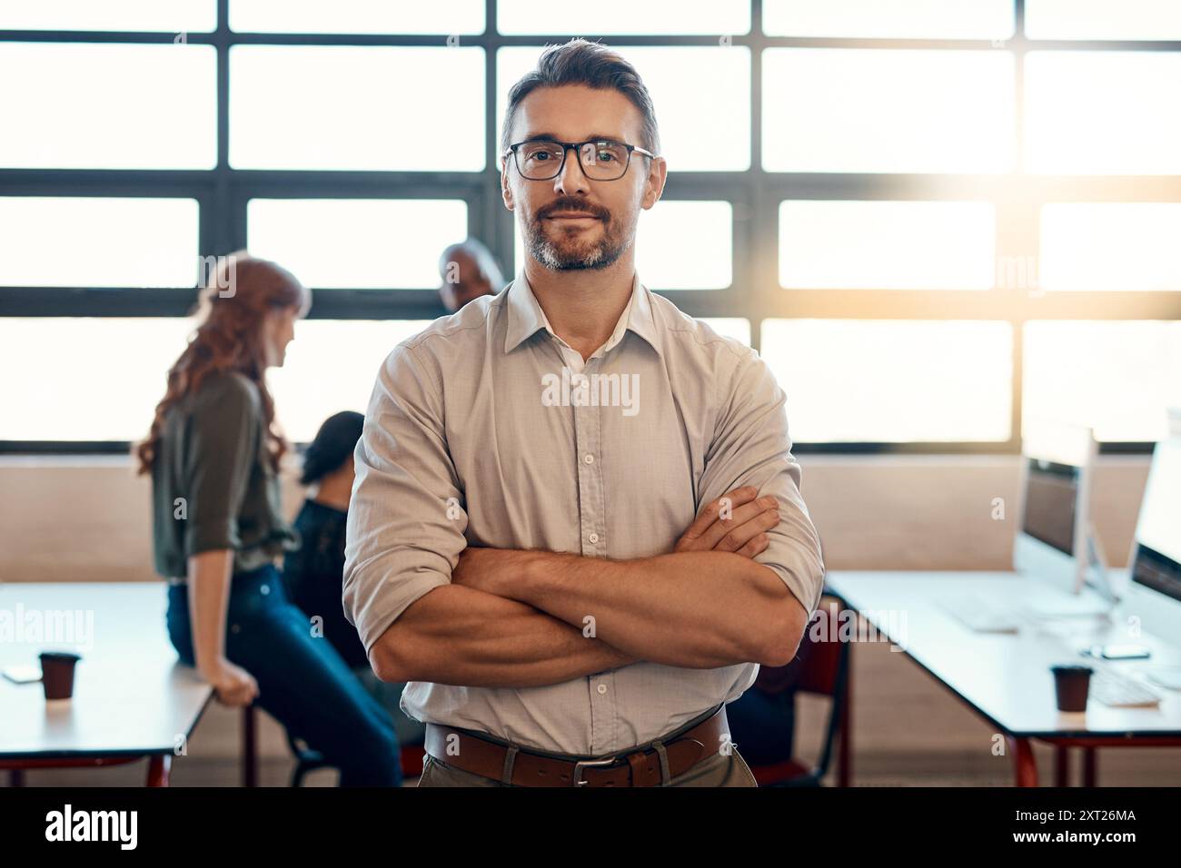 Portrait, manager and confident business man in coworking office for career pride. Face, arms ...