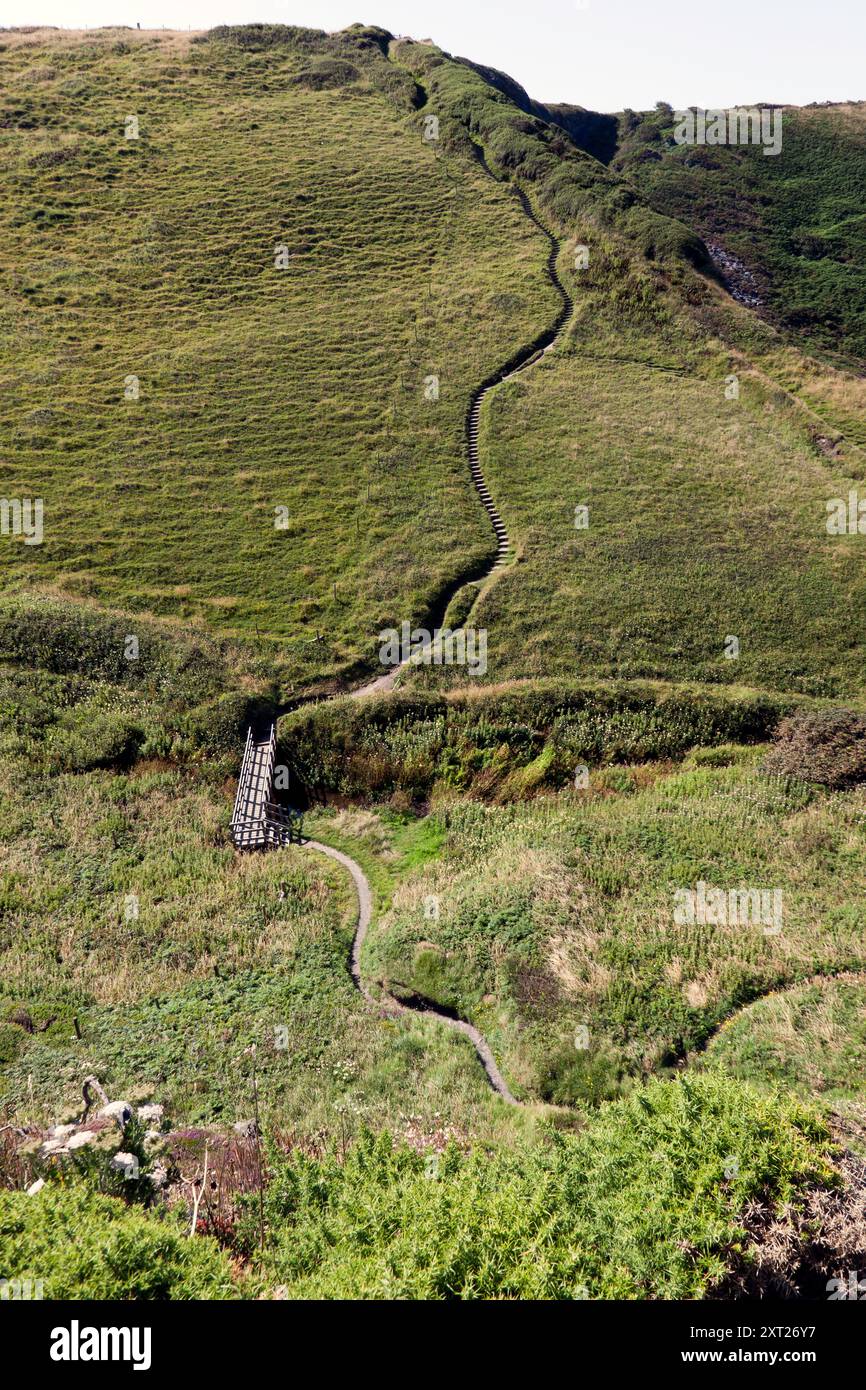 Wide-Angle view of a steep section of the South West Coast Path, at ...
