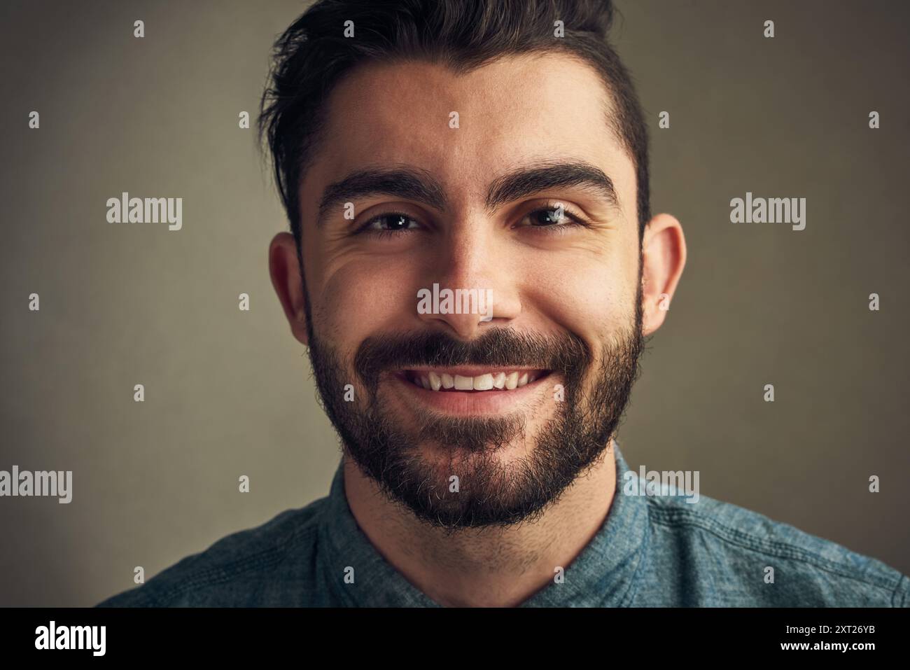 Beard, man and portrait in studio for hair care, date preparation and ...
