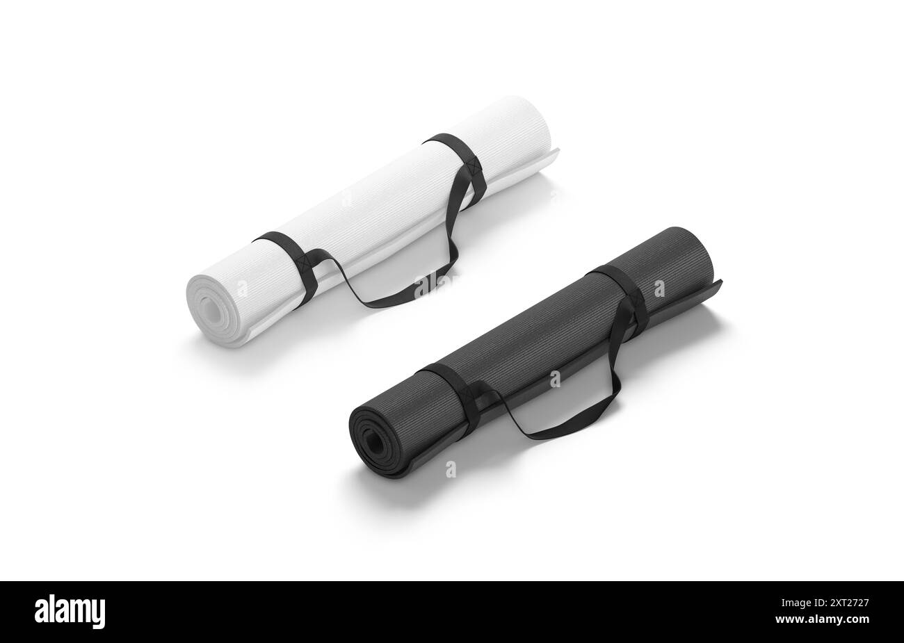 Blank black and white rolled yoga mat handle strap mockup, 3d rendering ...