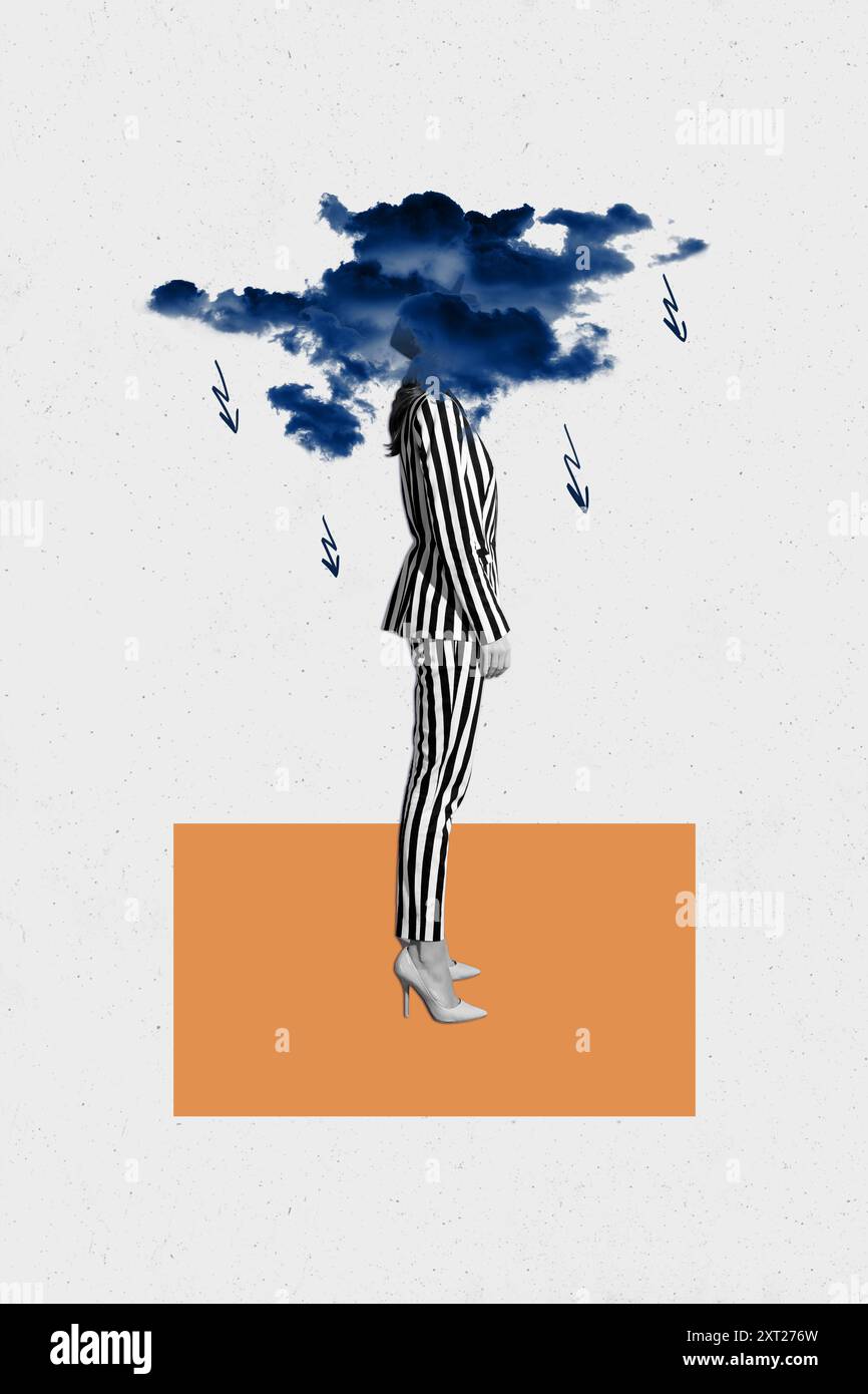 Vertical photo collage of young girl wear striped suit instead head ...